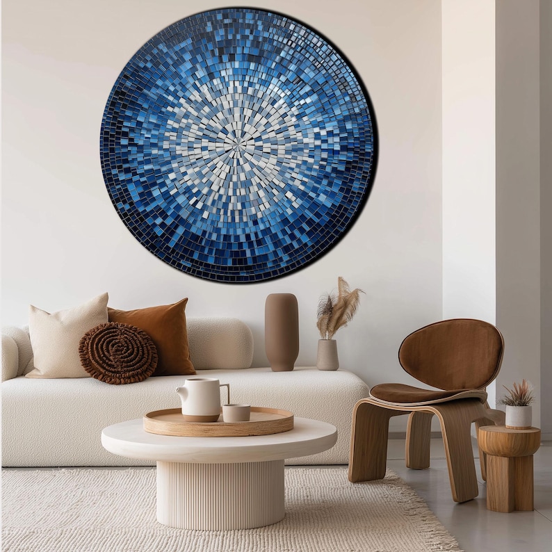 Abstract Blue Radial Mosaic Tempered Glass Wall Art - Modern Circular ...