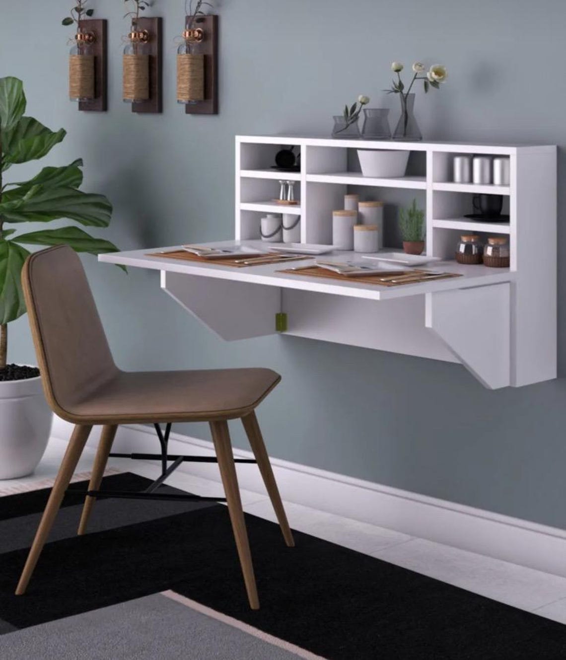 Space Saving Foldable Wall Mounted Table With Shelves, Folding Kitchen ...