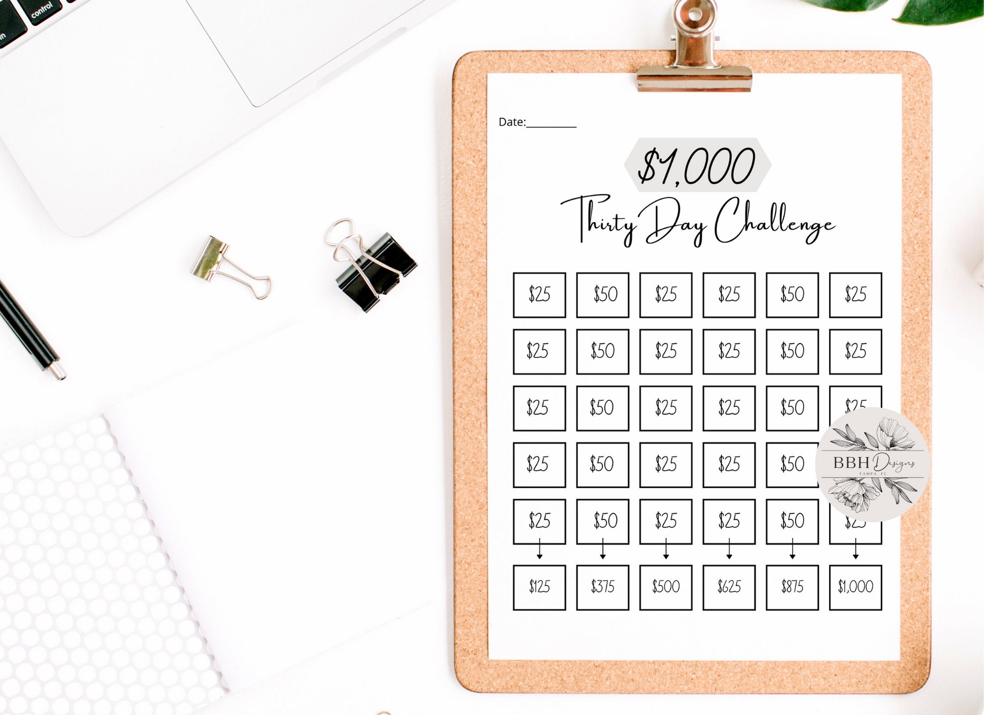 1,000 in 30 Days 1k Challenge Savings Tracker, Printable Savings Goal ...