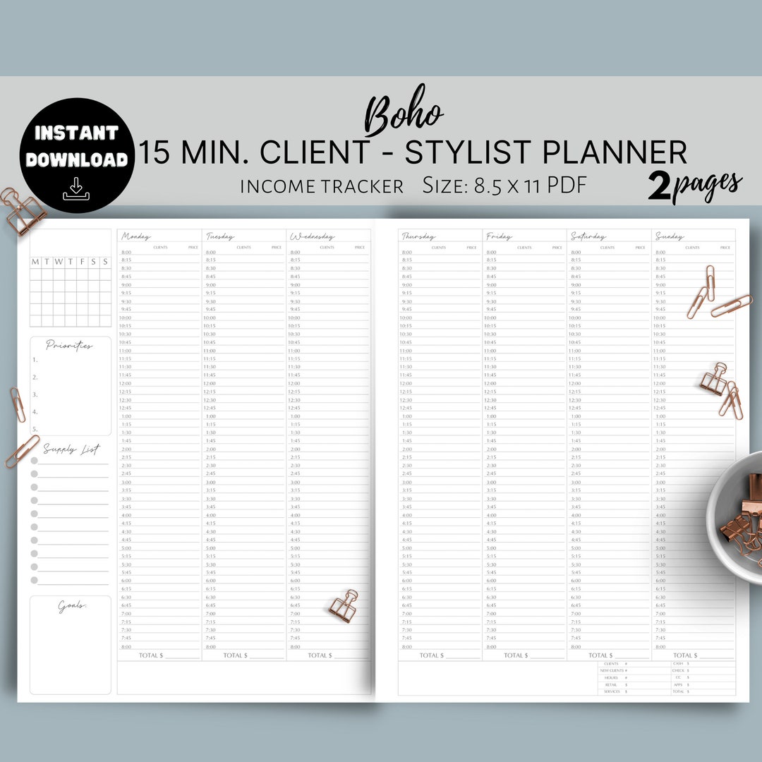 Client Stylist Weekly Planner: 15 Min Increments (letter Size PDF) - Etsy