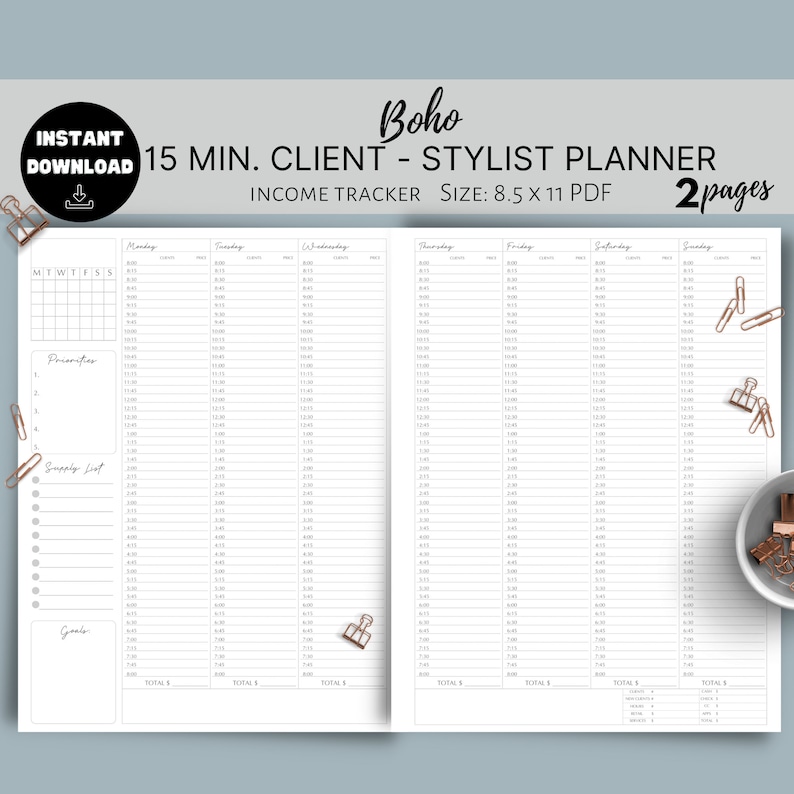 Client Stylist Weekly Planner: 15 Min Increments (letter Size PDF) - Etsy