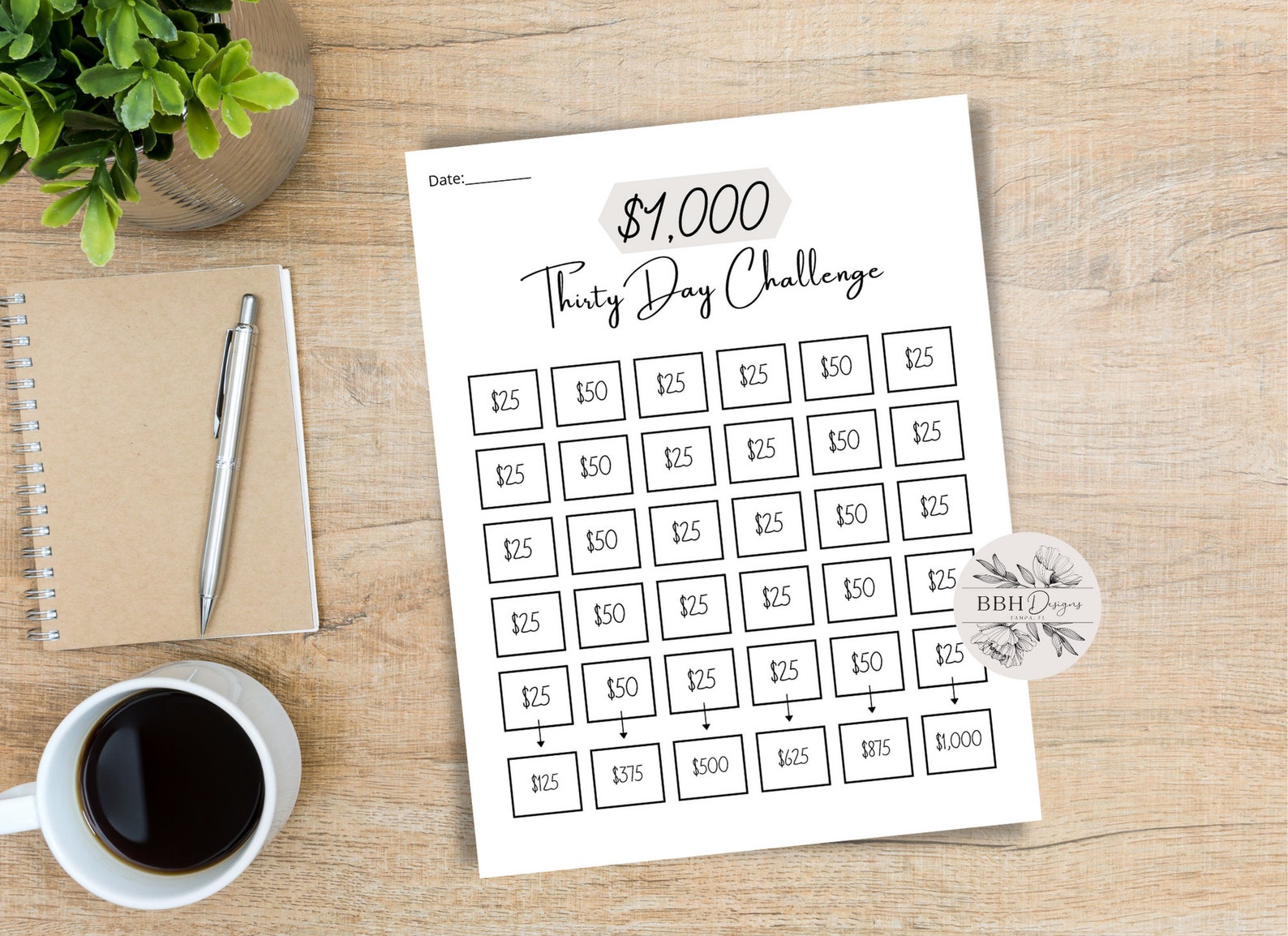 1,000 in 30 Days 1k Challenge Savings Tracker, Printable Savings Goal ...