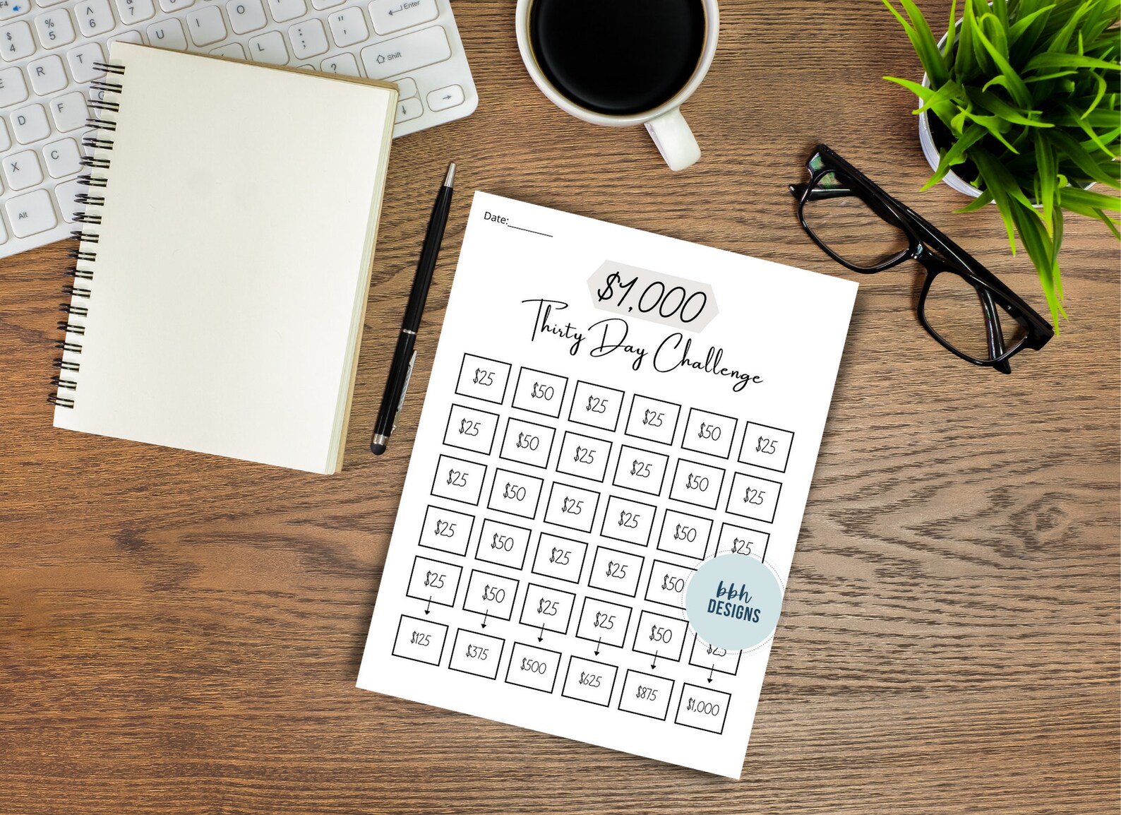 1,000 in 30 Days 1k Challenge Savings Tracker, Printable Savings Goal ...