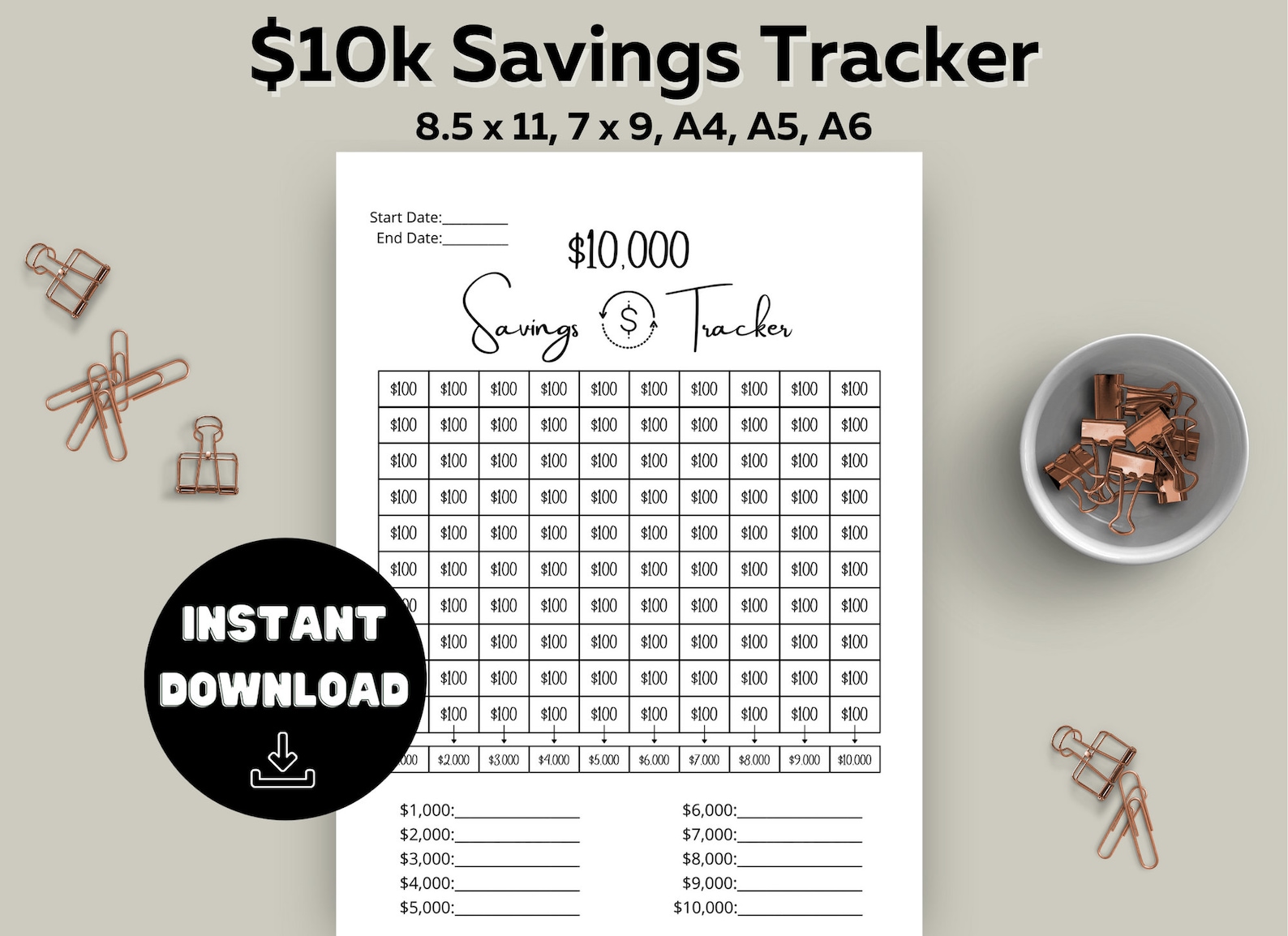 10k Savings Tracker, Printable, Savings Goal, Savings Challenge, 10,000 ...