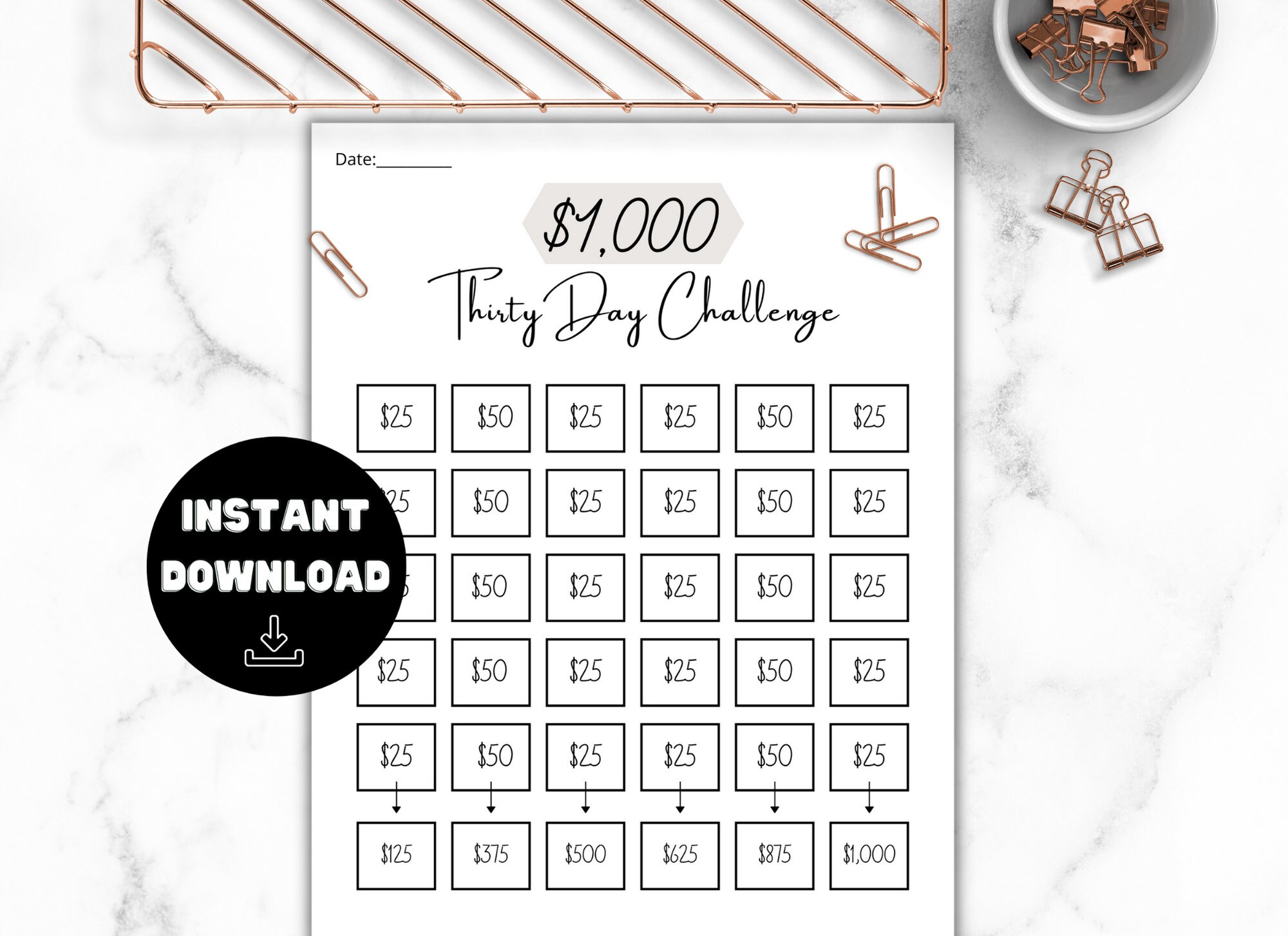 1,000 in 30 Days 1k Challenge Savings Tracker, Printable Savings Goal ...