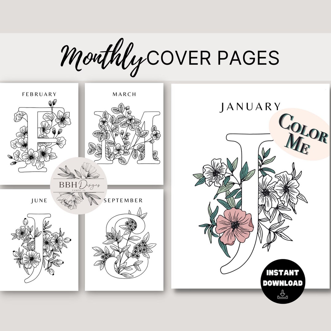 Boho Floral Monthly Planner Cover Pages: Coloring Page Bundle (digital ...