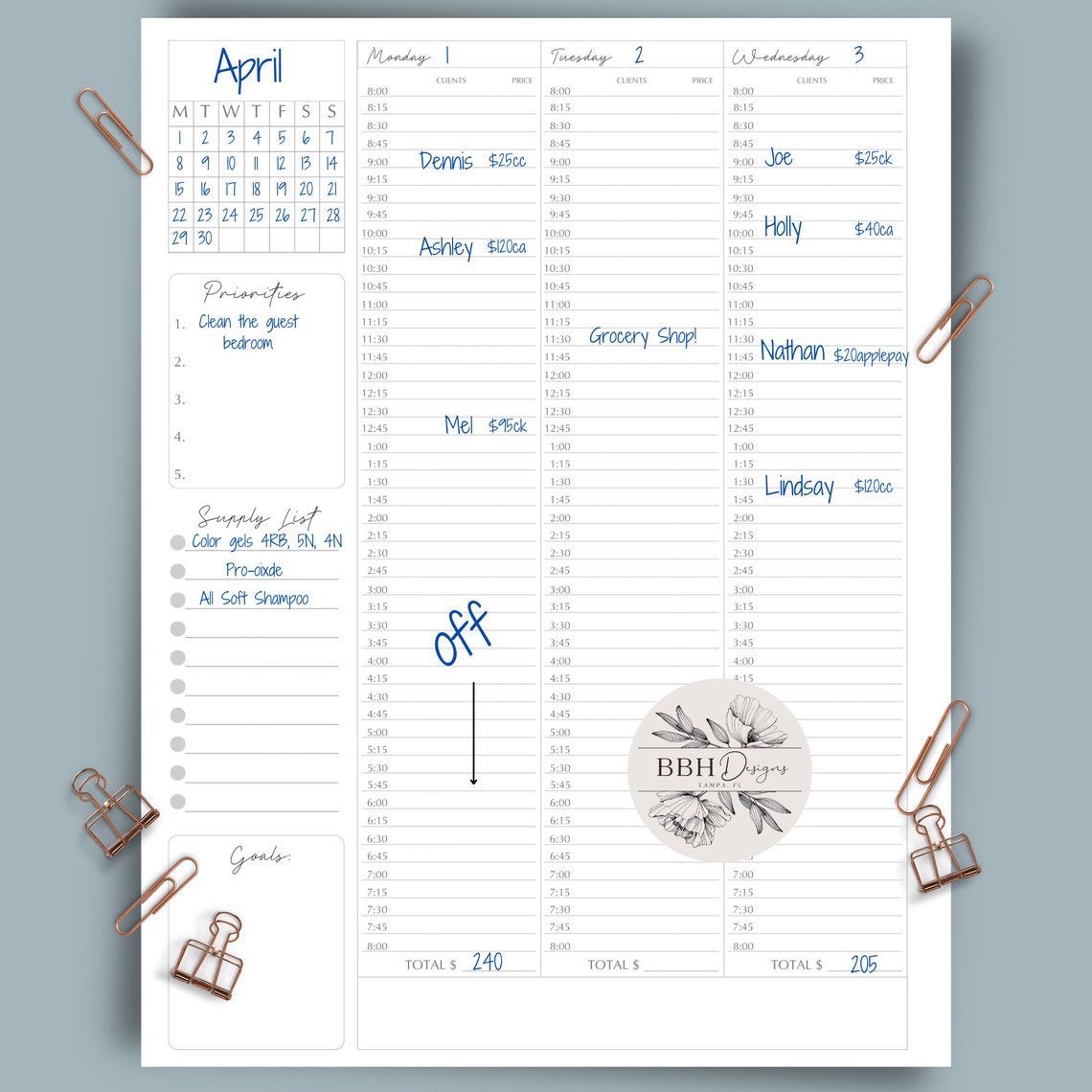 Client Stylist Weekly Planner: 15 Min Increments (letter Size PDF) - Etsy
