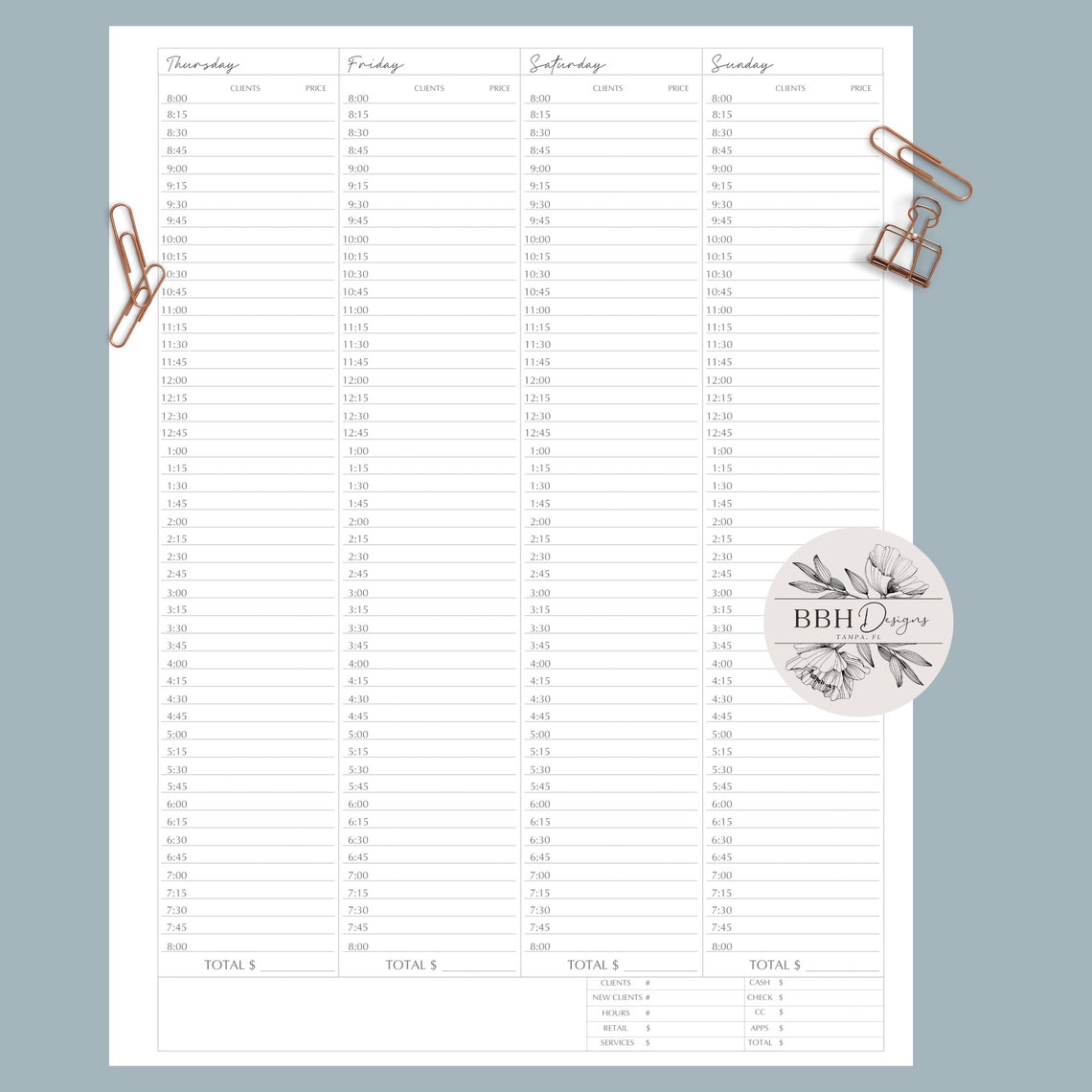 Client Stylist Weekly Planner: 15 Min Increments (letter Size PDF) - Etsy