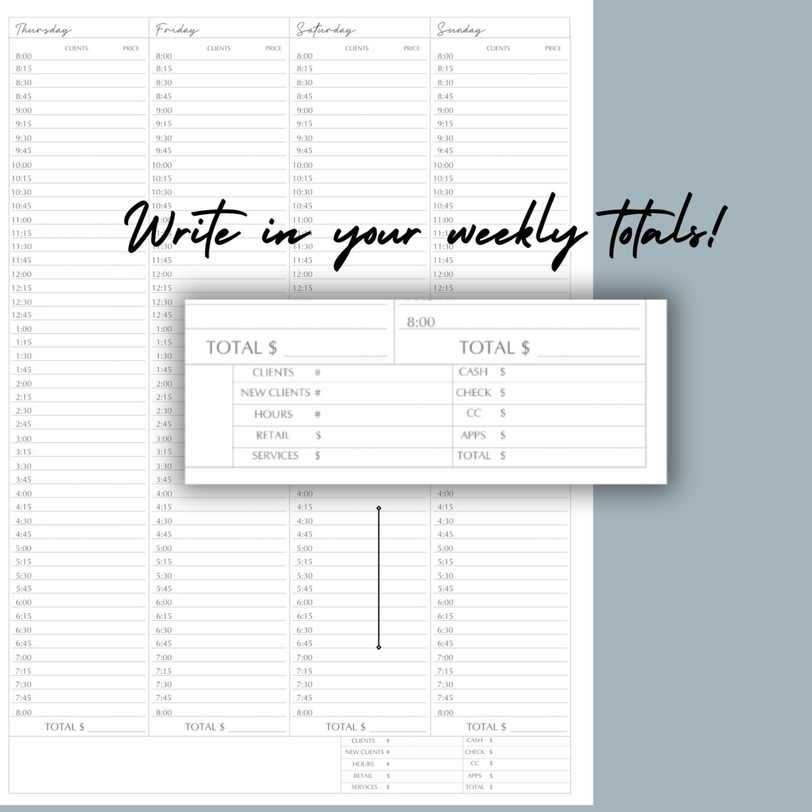 Client Stylist Weekly Planner: 15 Min Increments (letter Size PDF) - Etsy