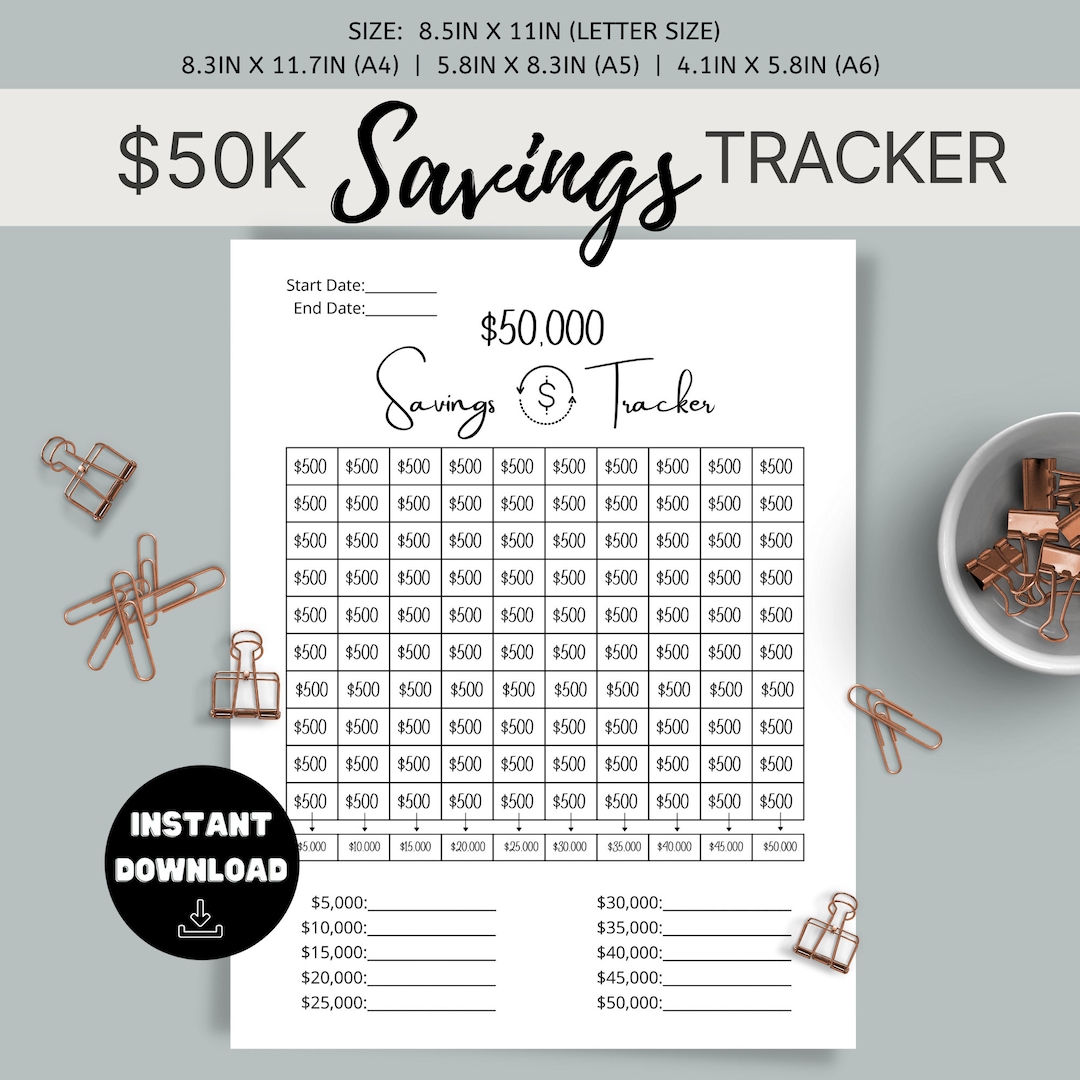 50k Savings Tracker, Printable, Savings Goal, Savings Challenge, 50,000 ...