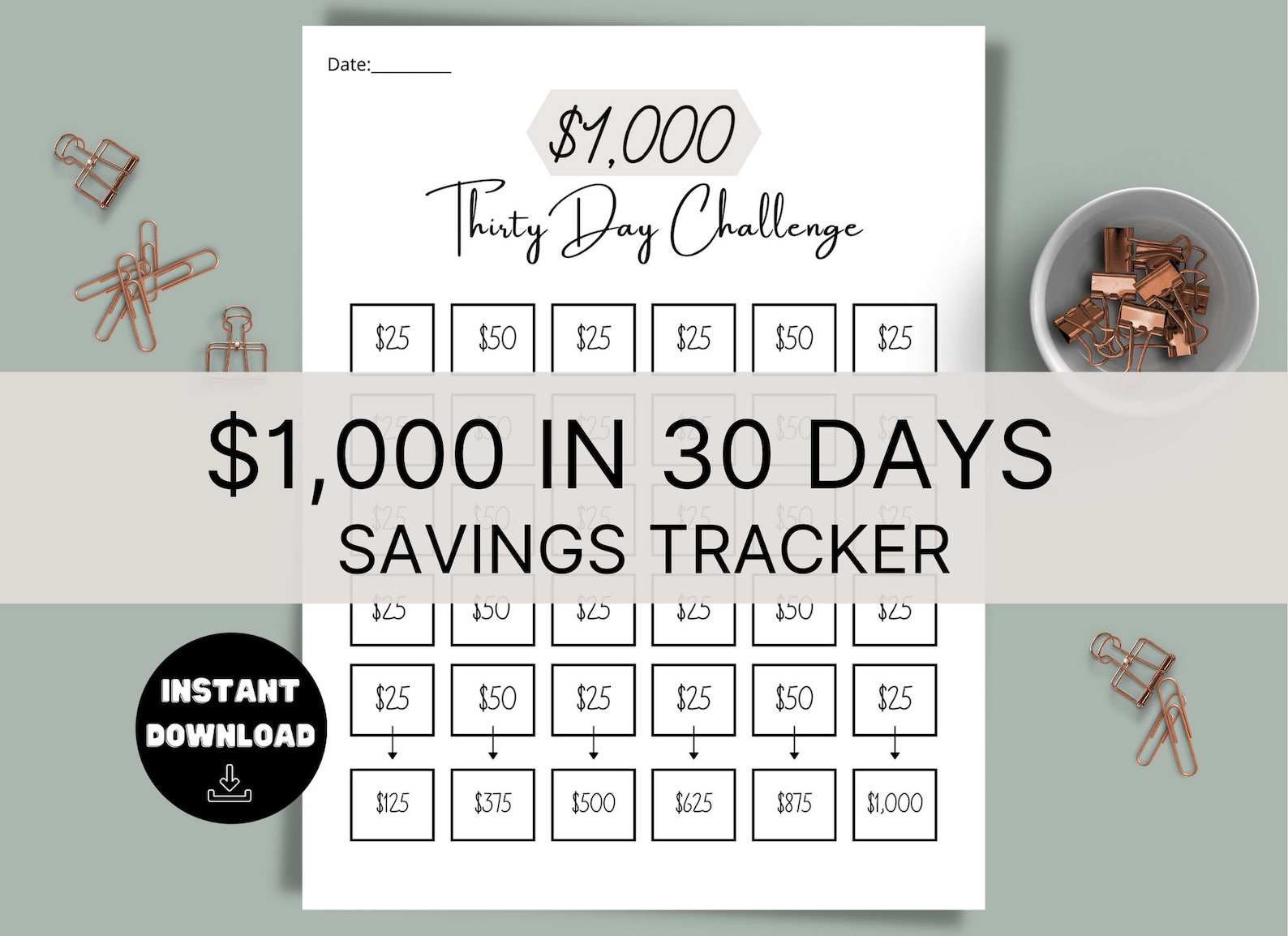 1,000 in 30 Days 1k Challenge Savings Tracker, Printable Savings Goal ...