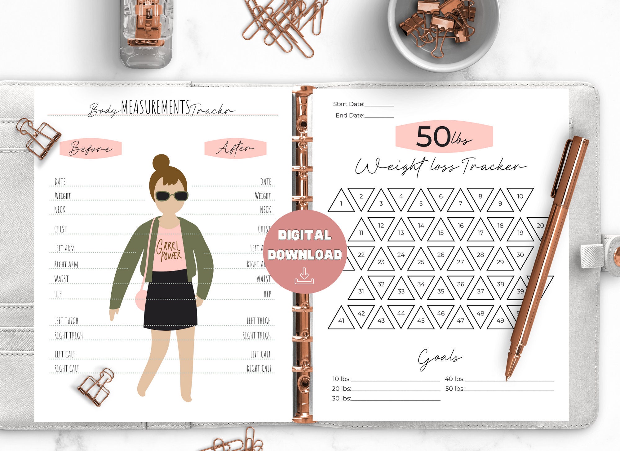 50 Lbs Weight Loss Tracker & MEASUREMENT TRACKER BUNDLE, Goal Planner ...