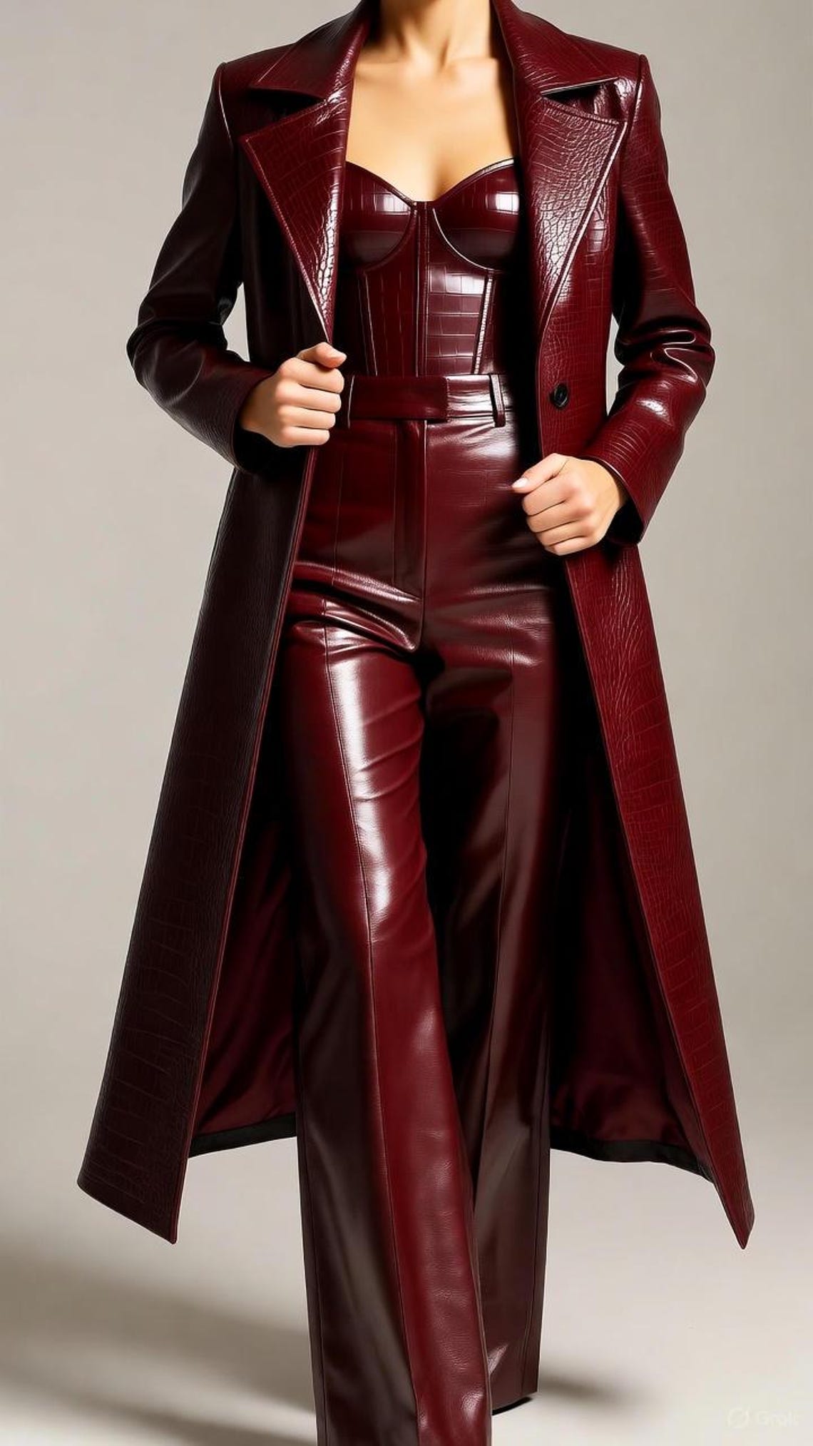Ensemble trench-coat marron en similicuir pour femme avec haut corset à ...