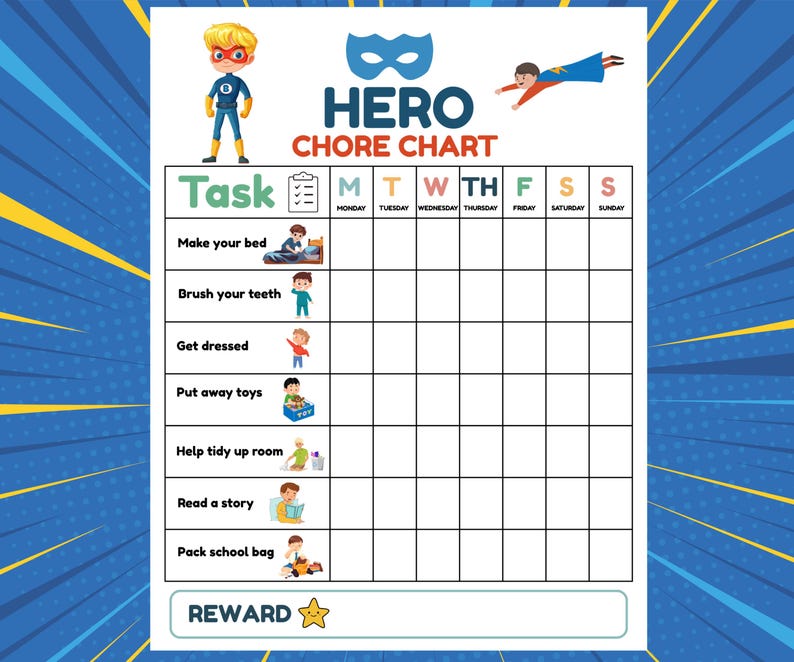 Kids Chore Chart Printable, Princess & Hero Theme, Daily Routine Chart ...