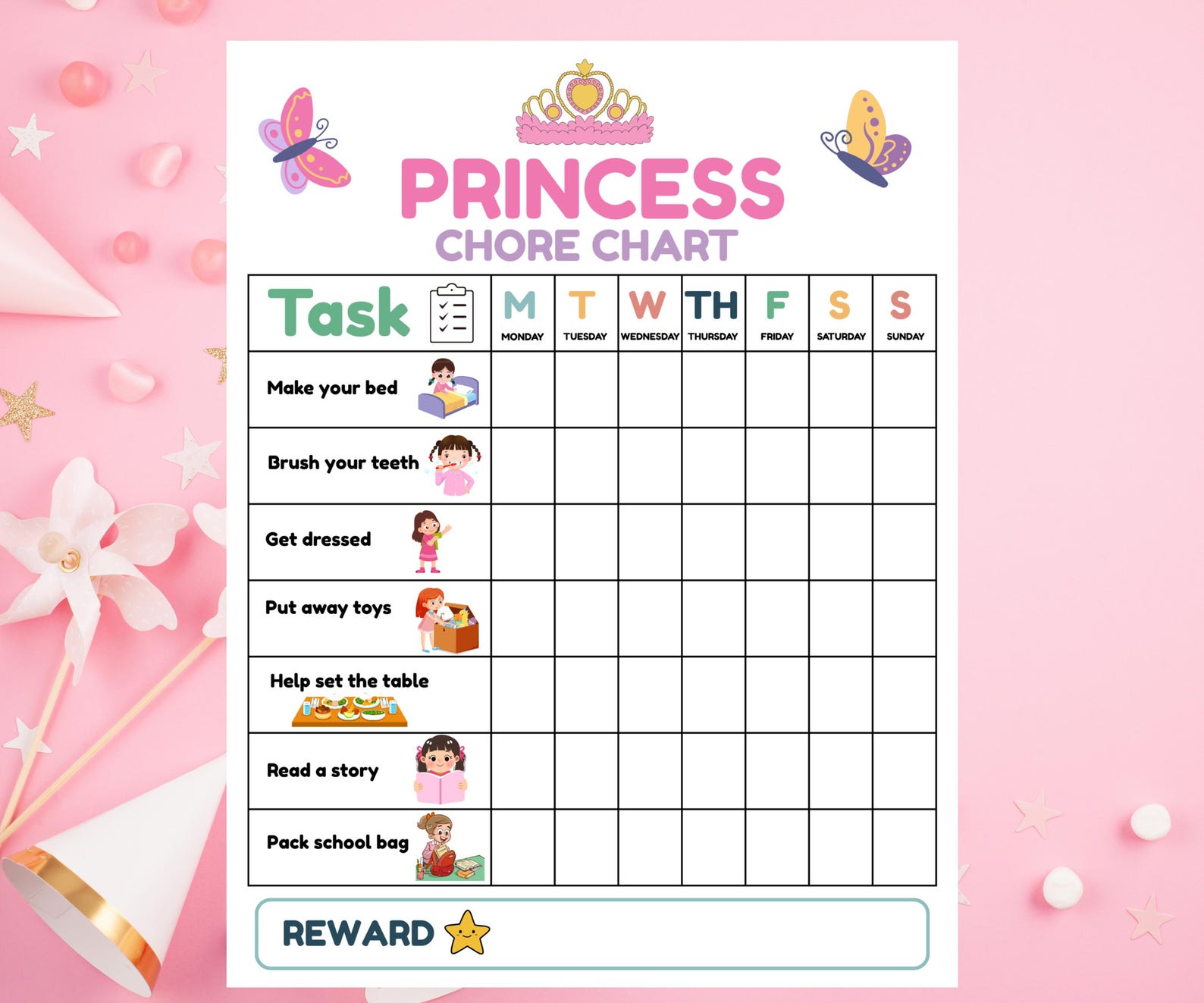 Kids Chore Chart Printable, Princess & Hero Theme, Daily Routine Chart ...