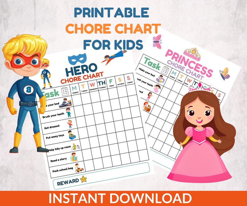 Kids Chore Chart Printable, Princess & Hero Theme, Daily Routine Chart ...