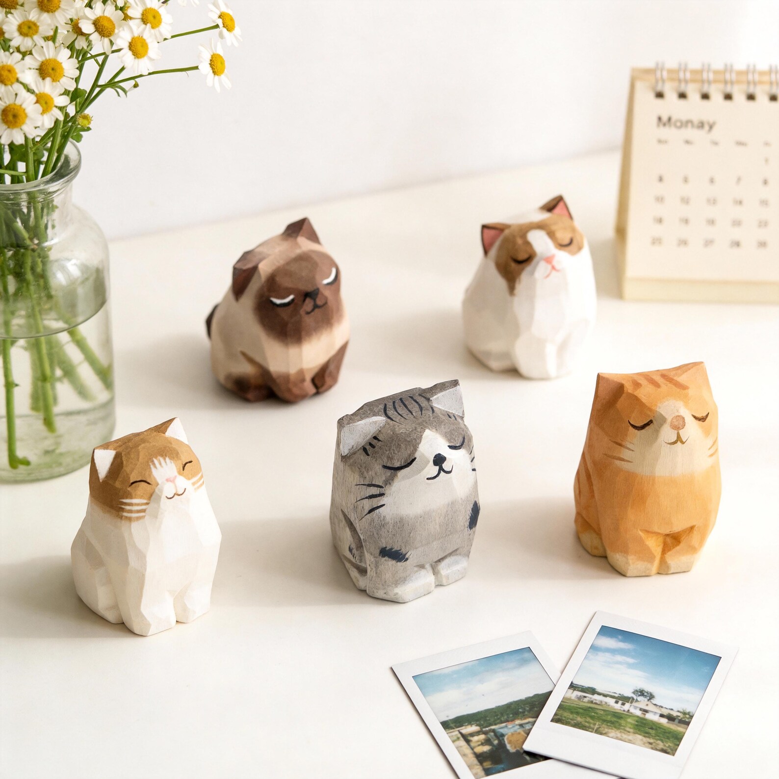 Cute Handcrafted Wooden Cat Sculpture – Whimsical Calm Kitty Decor for ...