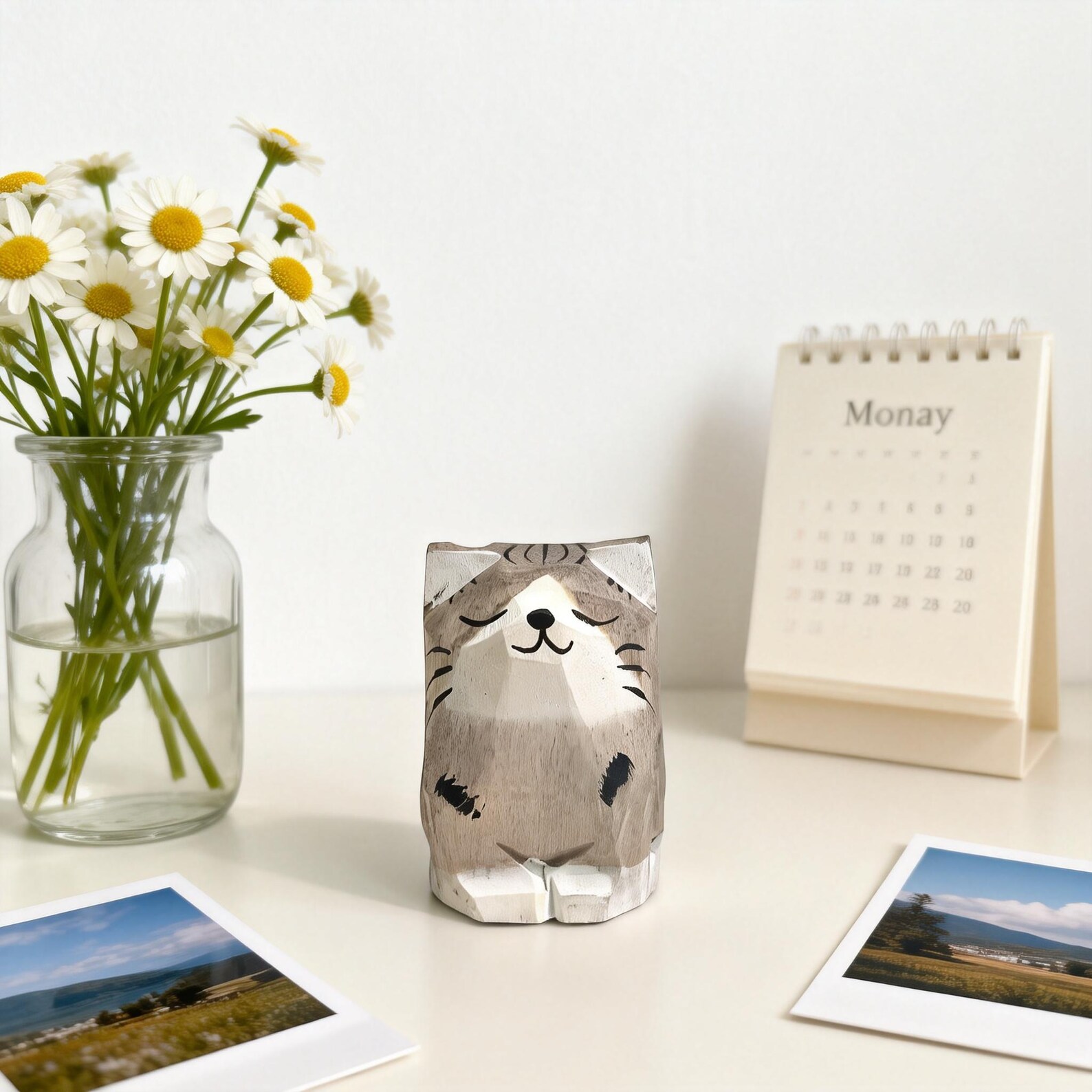 Cute Handcrafted Wooden Cat Sculpture – Whimsical Calm Kitty Decor for ...