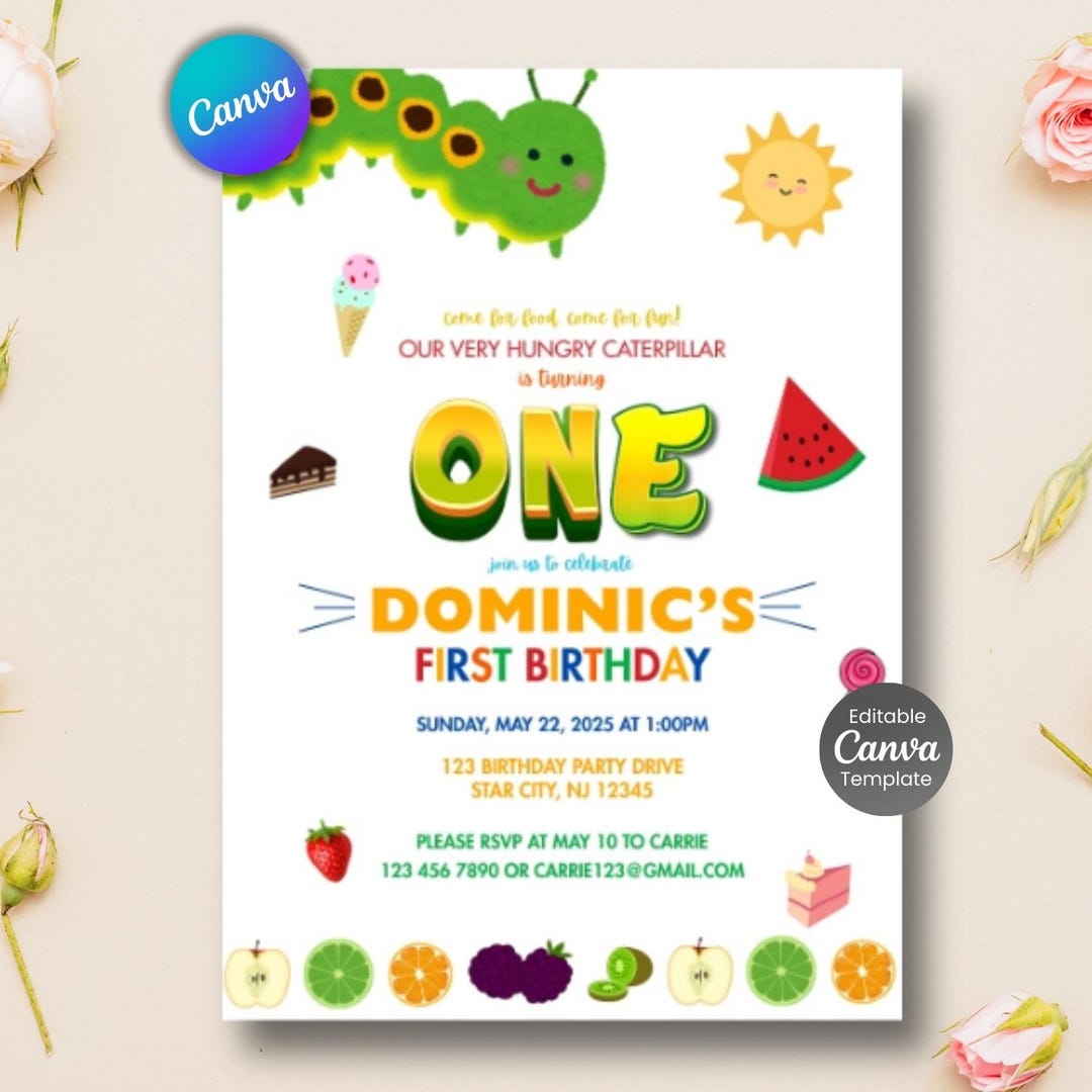 Very Hungry Caterpillar Birthday Invitation, Editable Canva Template ...