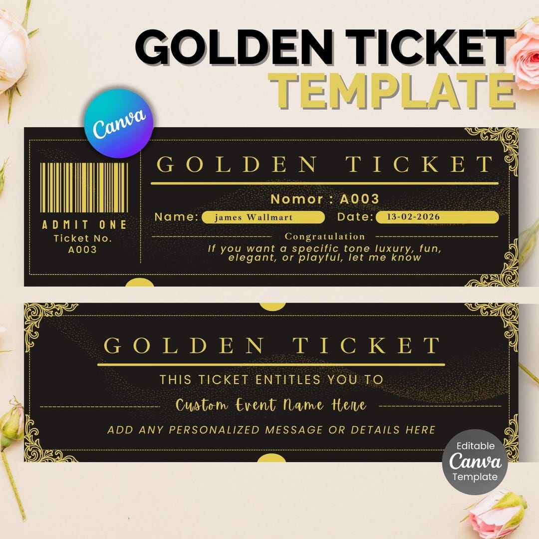 Elegant Golden Ticket Template | Printable Golden Ticket Editable ...