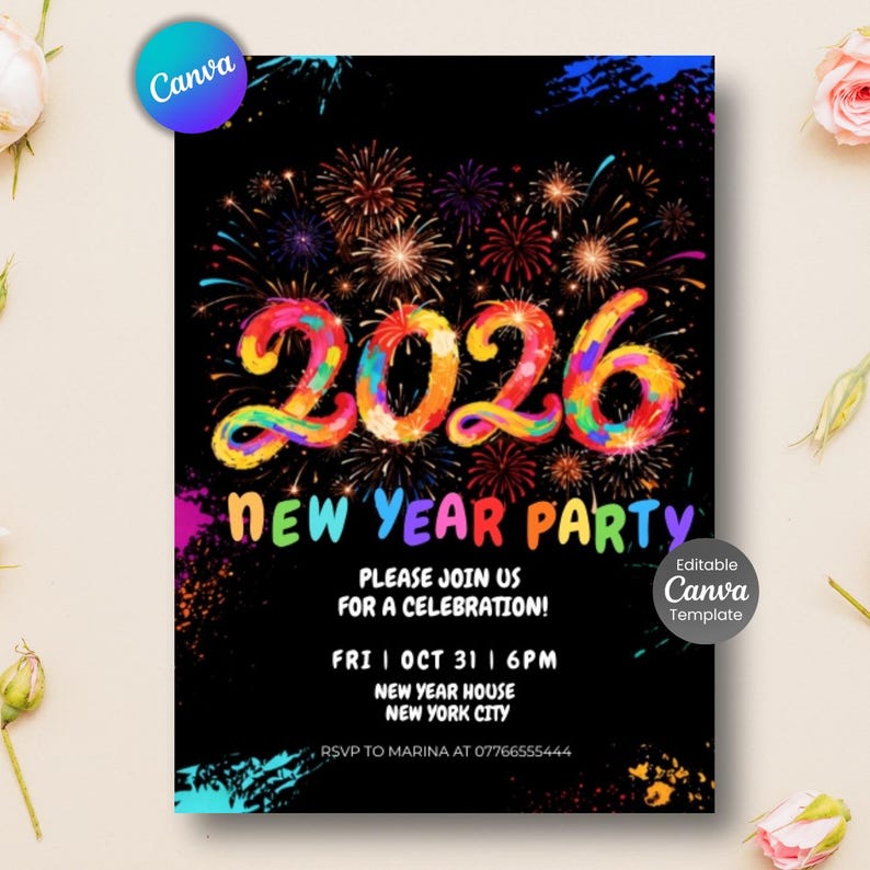 2026 Colorful New Year Party Invitation Template, Vibrant Fireworks NYE ...
