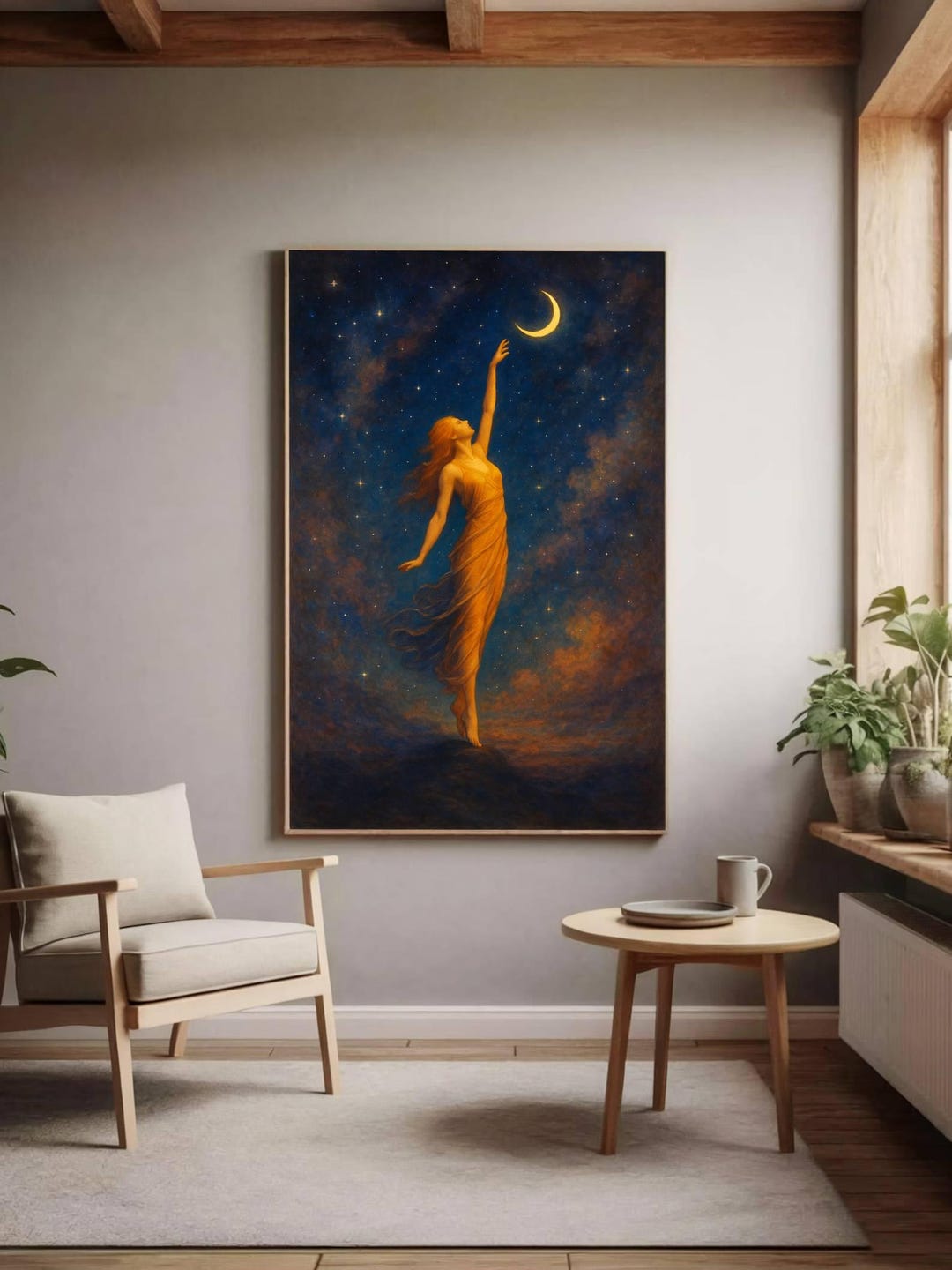 Maangodin kunst aan de muur, hemelse vrouw poster, mystieke nachtelijke ...