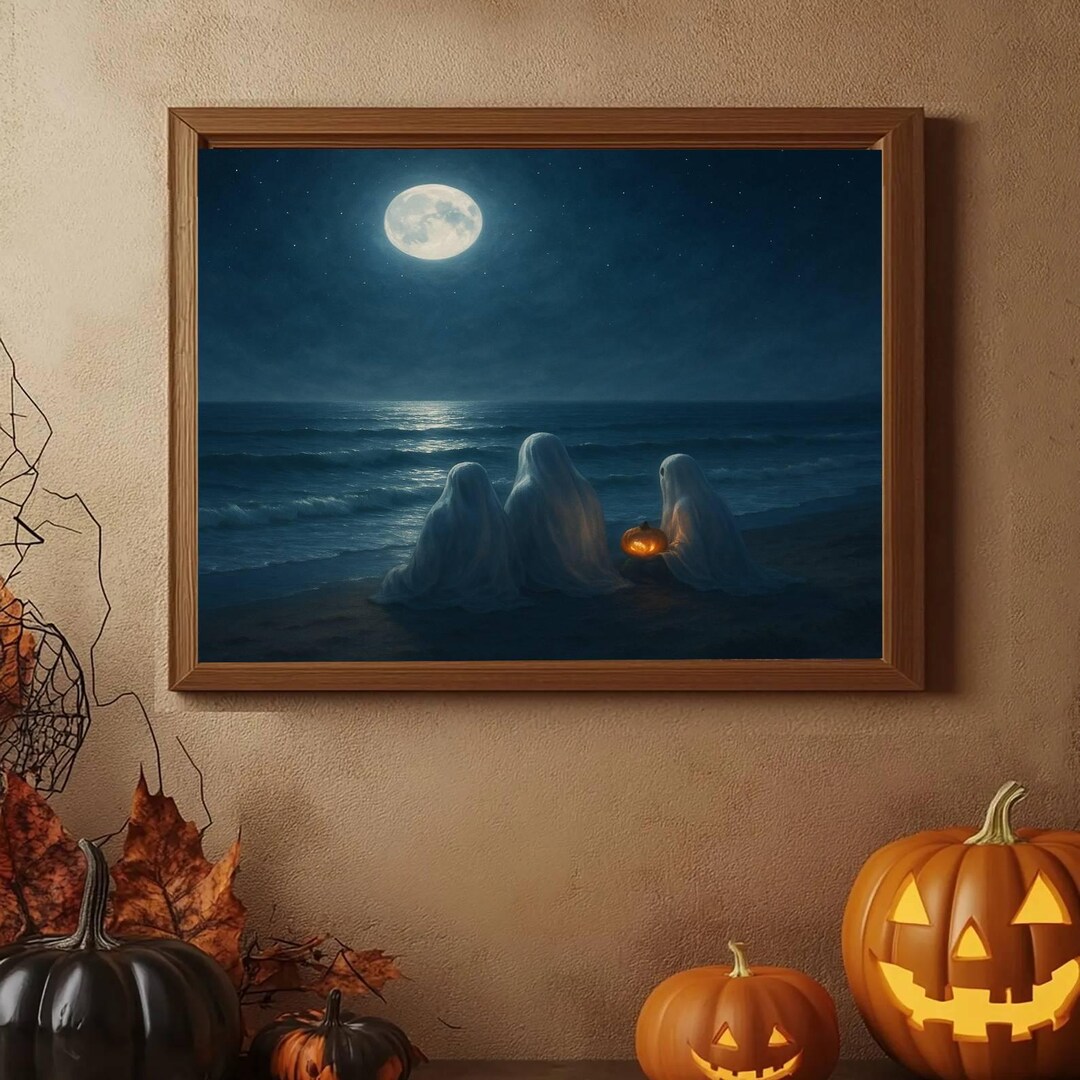 Ghosts on the Beach Wall Art, Spooky Moonlight Ocean Print, Halloween ...