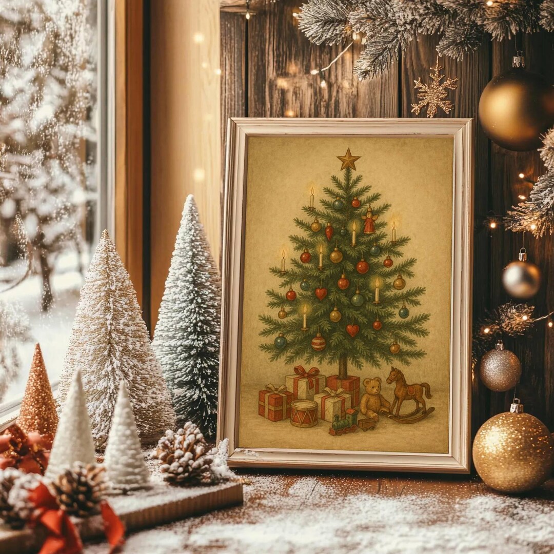 Vintage Christmas Tree Art Print, Retro Holiday Wall Decor, Nostalgic ...