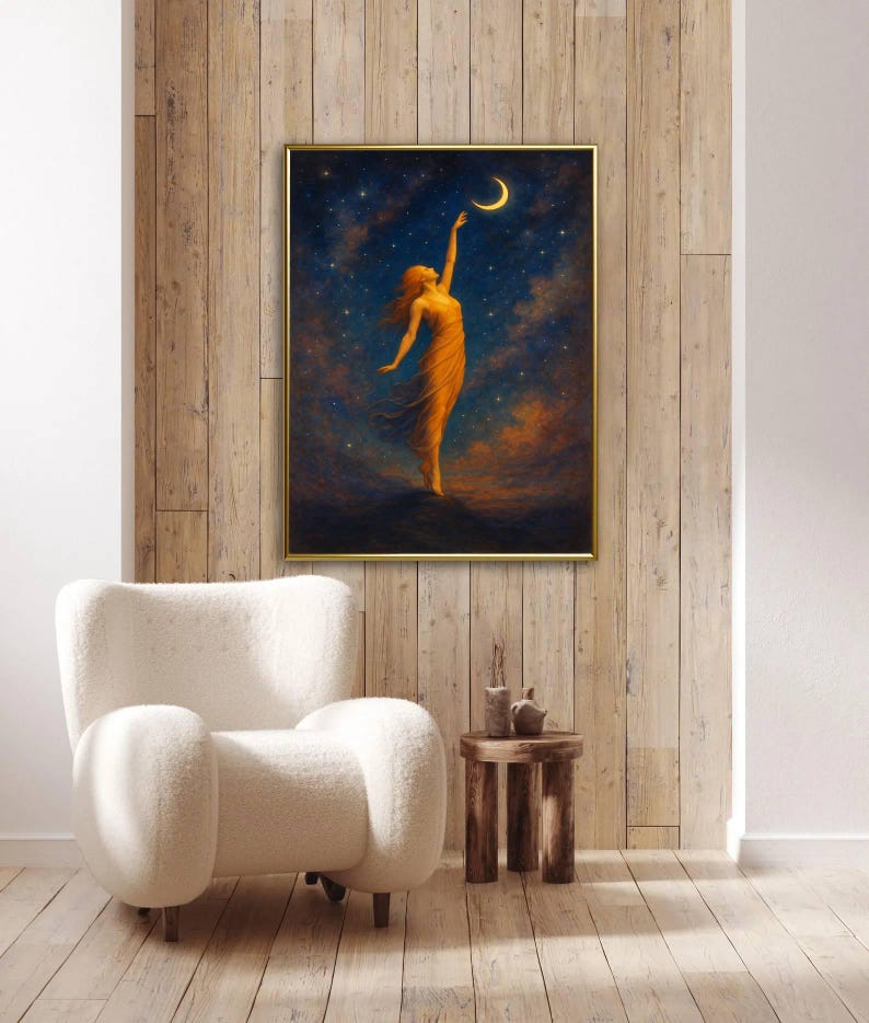 Maangodin kunst aan de muur, hemelse vrouw poster, mystieke nachtelijke ...