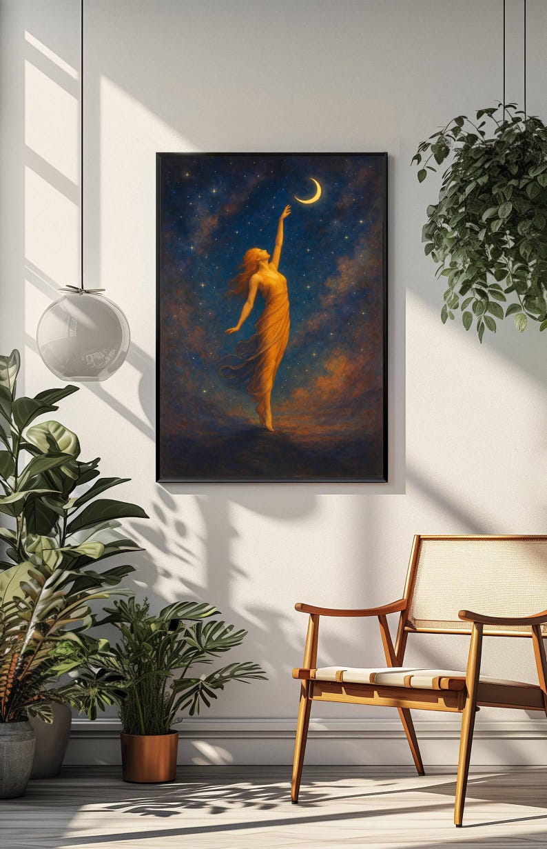 Maangodin kunst aan de muur, hemelse vrouw poster, mystieke nachtelijke ...