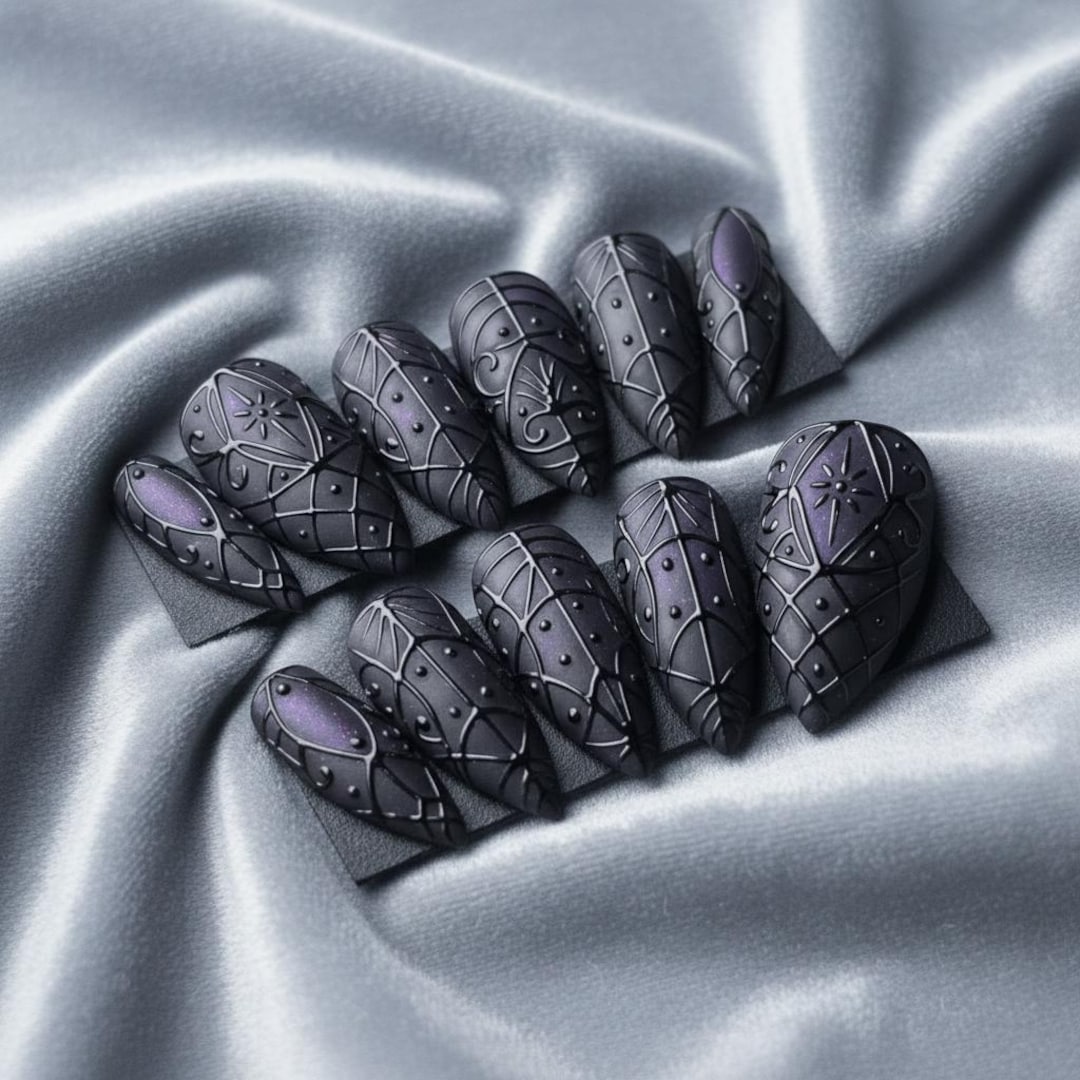 Gothic Matte Black Press on Nails – Engraved Pattern Nail Set ...