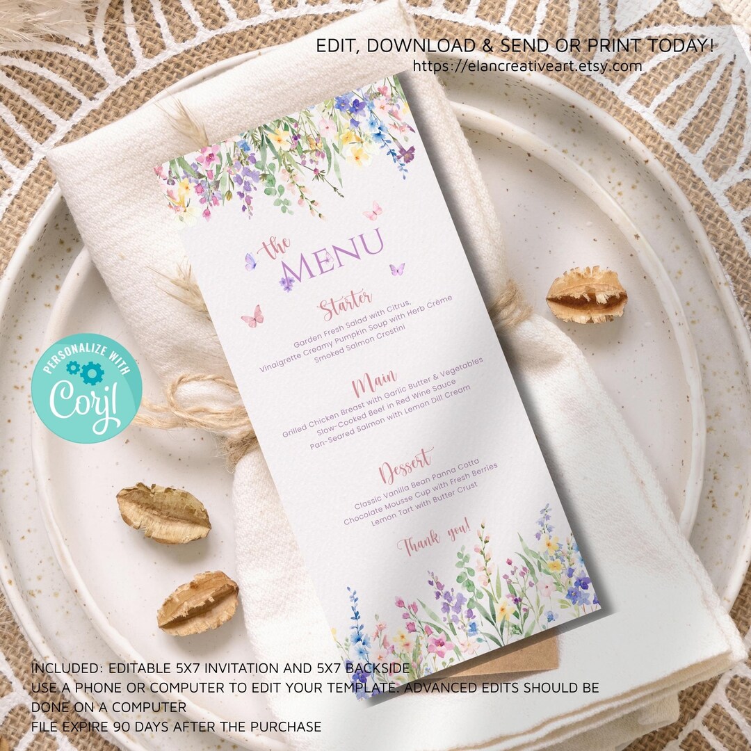 Butterfly Baby Shower Menu Template: Editable Design (4x9 Inch Size ...