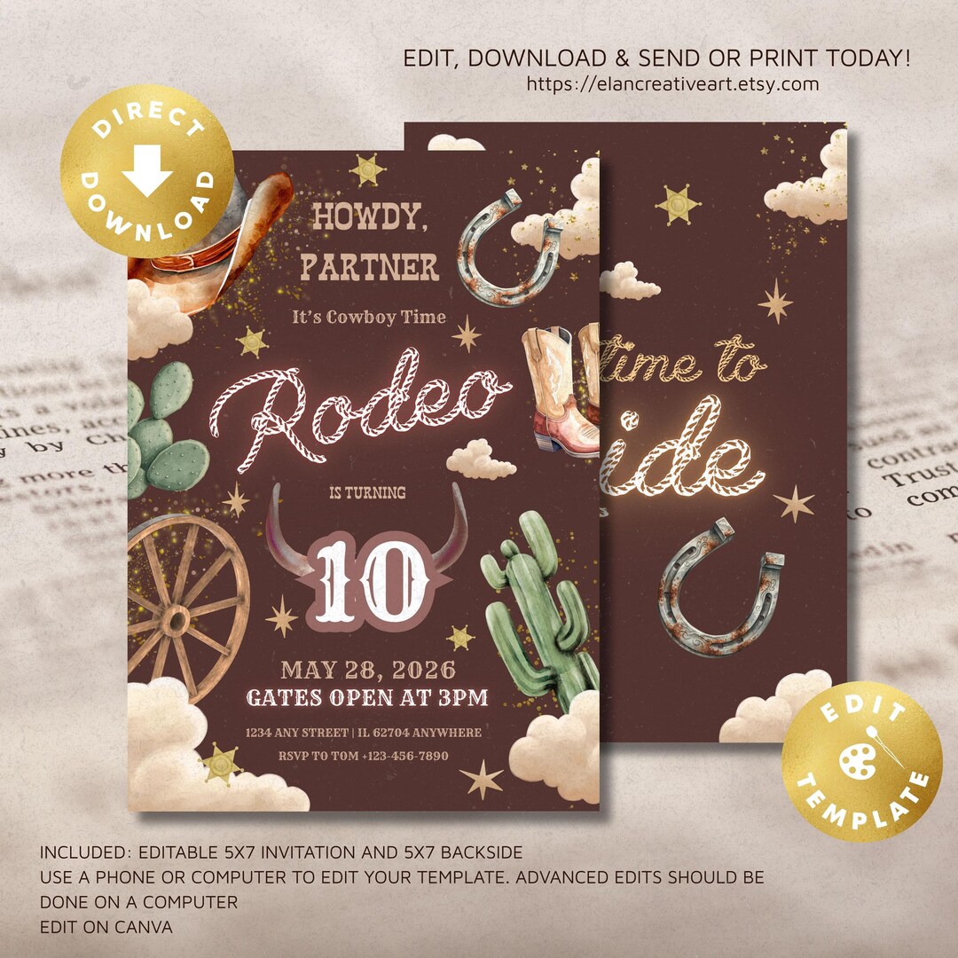 Brown Rodeo Birthday Invitation | Cowboy Party Invite | Western ...