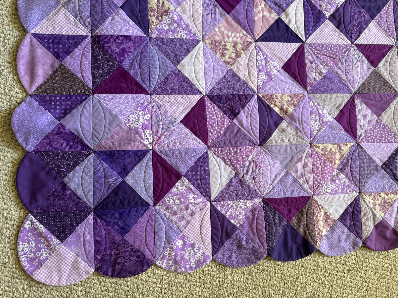 Gorgeous Shades of Purple- Reversible Quilt With Scalloped Edges. One ...