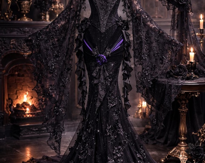 Gothic Victorian Wedding Dress, Black and Purple Corset Mermaid Gown ...