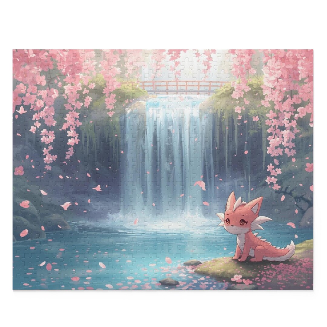 Japanese Fox Spirit Jigsaw Puzzle: Sakura Waterfall, Moonlit Bridge ...
