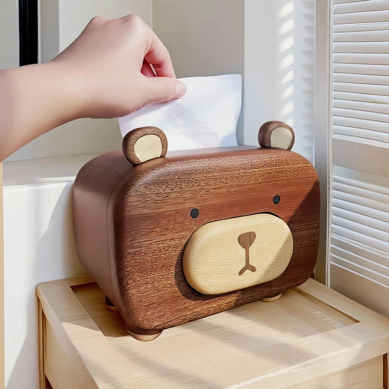 Handmade Walnut Bear Tissue Box Holder: Wooden Organizer With Toothpick ...