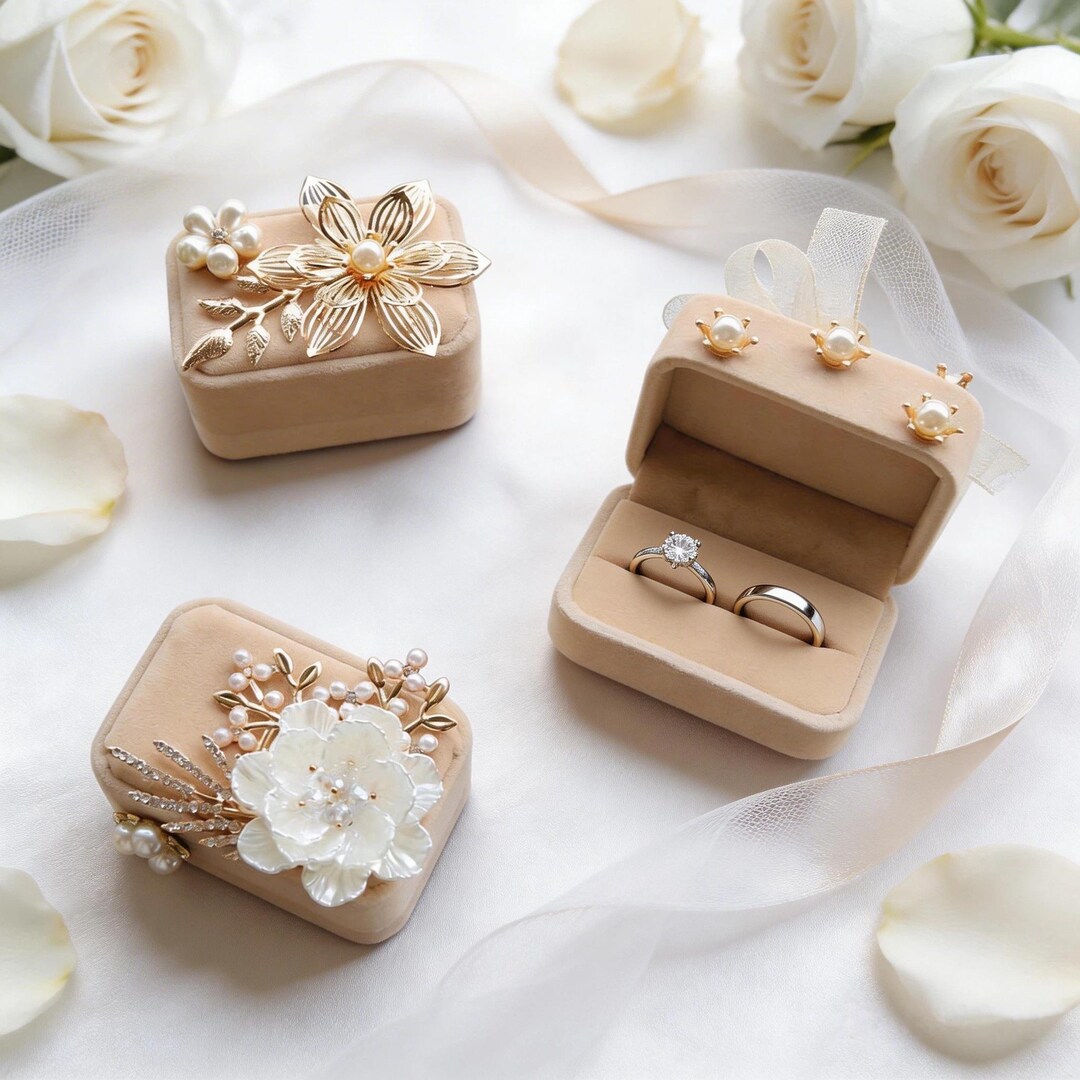 Velvet Double Ring Box, Artificial Flower Keepsake, Wedding Proposal ...