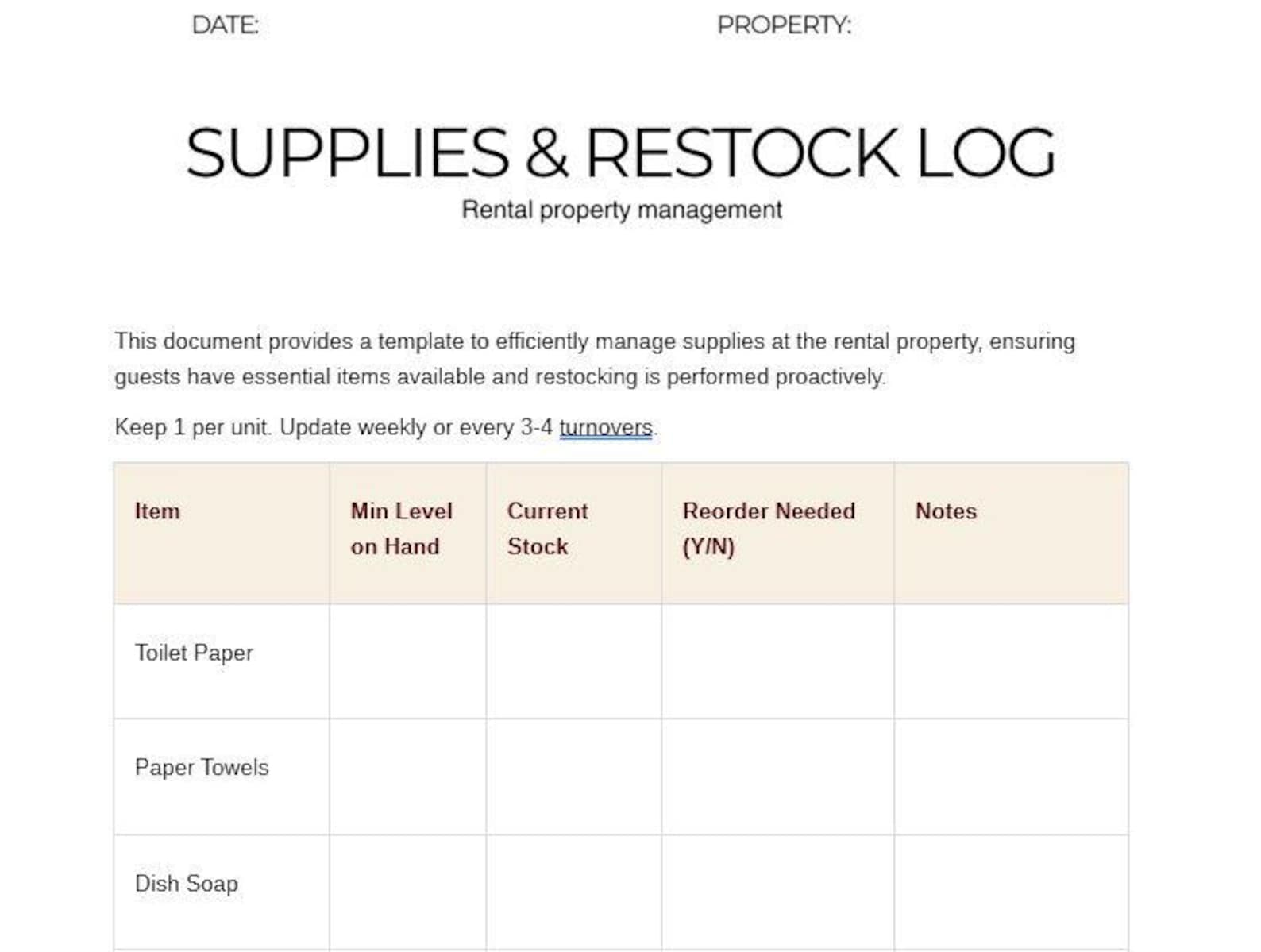 Supplies & Restock Log Template | Rental Property Inventory Checklist ...