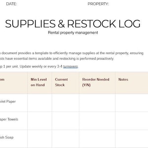 Supplies & Restock Log Template | Rental Property Inventory Checklist ...