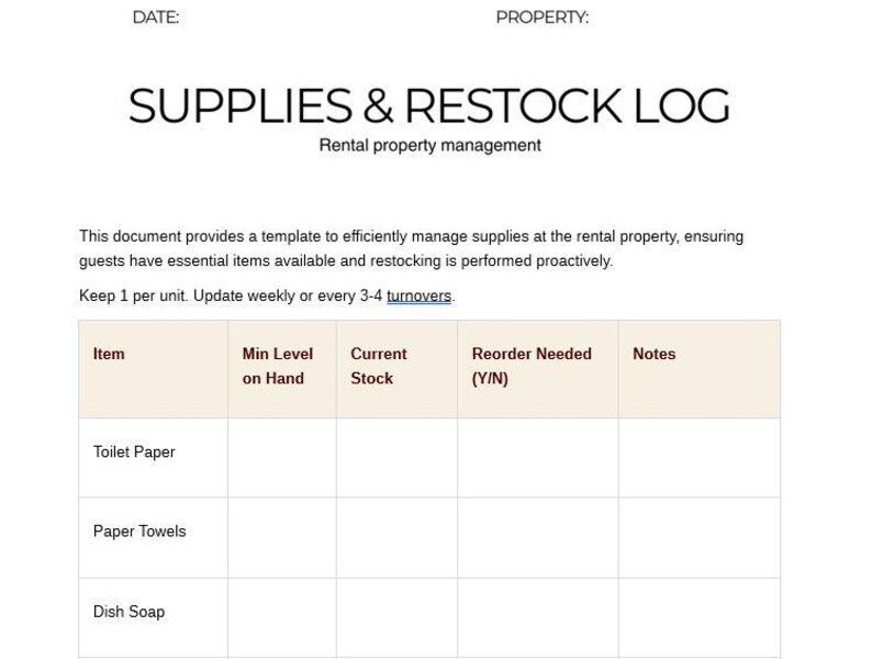 Supplies & Restock Log Template | Rental Property Inventory Checklist ...
