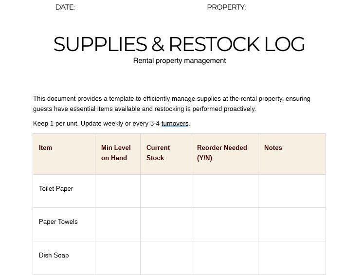 Supplies & Restock Log Template | Rental Property Inventory Checklist ...