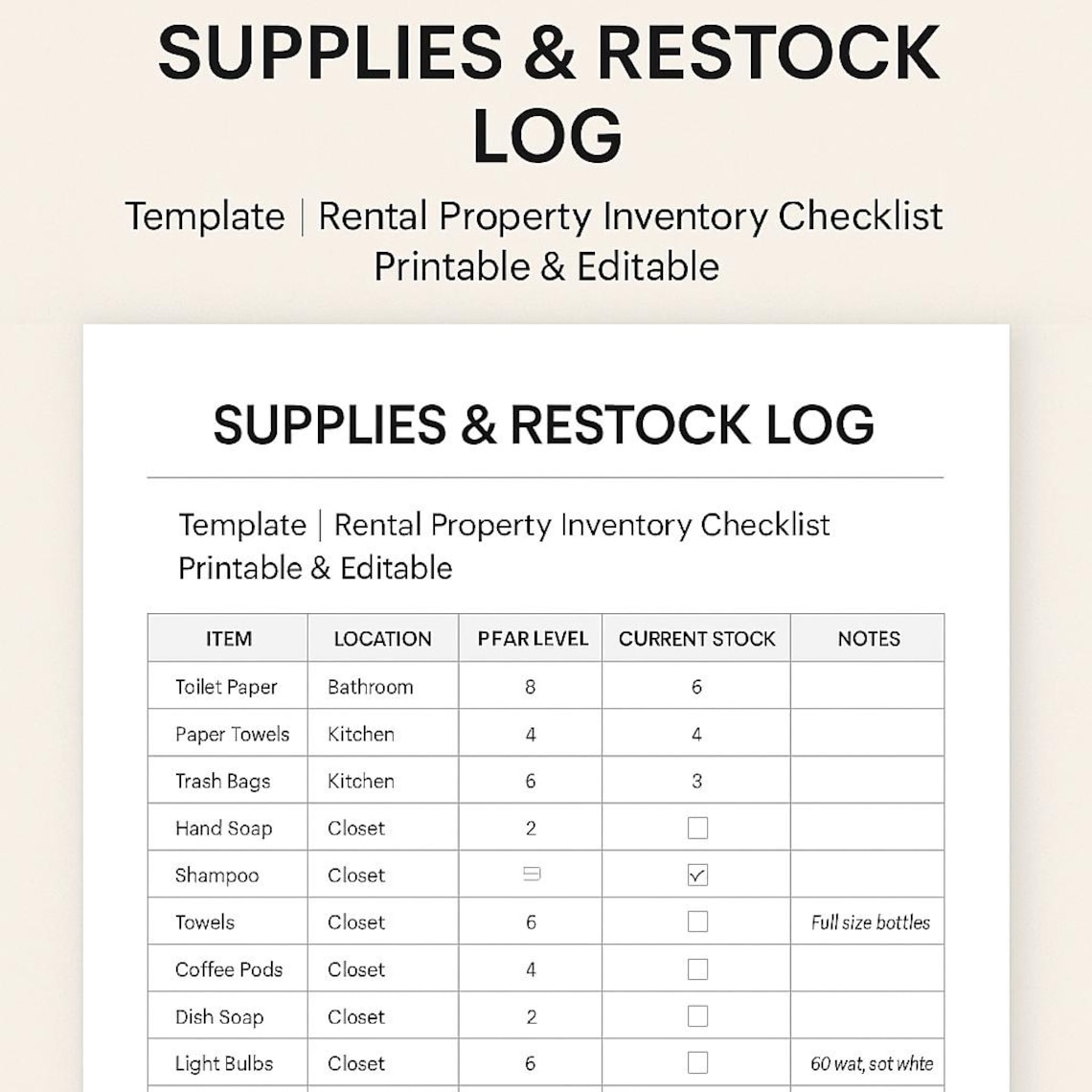 Supplies & Restock Log Template | Rental Property Inventory Checklist ...