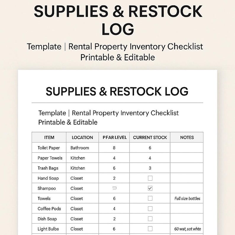 Supplies & Restock Log Template | Rental Property Inventory Checklist ...