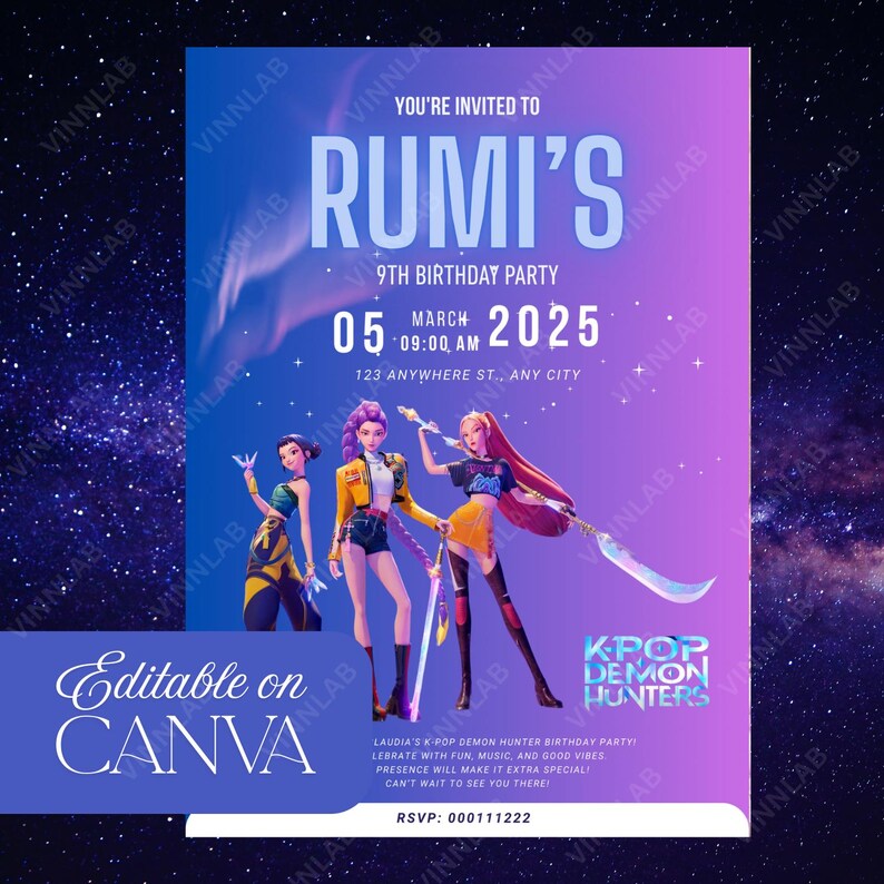 Buy Kpop Demon Hunters Birthday Invitation, Free Editable K-pop Party ...