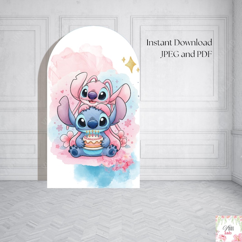 Stitch and Angel Minimalist Backdrop - Digital Party Decor, Printable ...