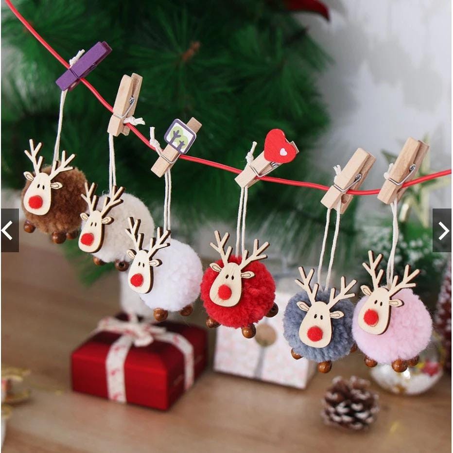 Cute Reindeer Pom Pom Christmas Tree Ornaments Gift, Handmade Yarn Ball ...