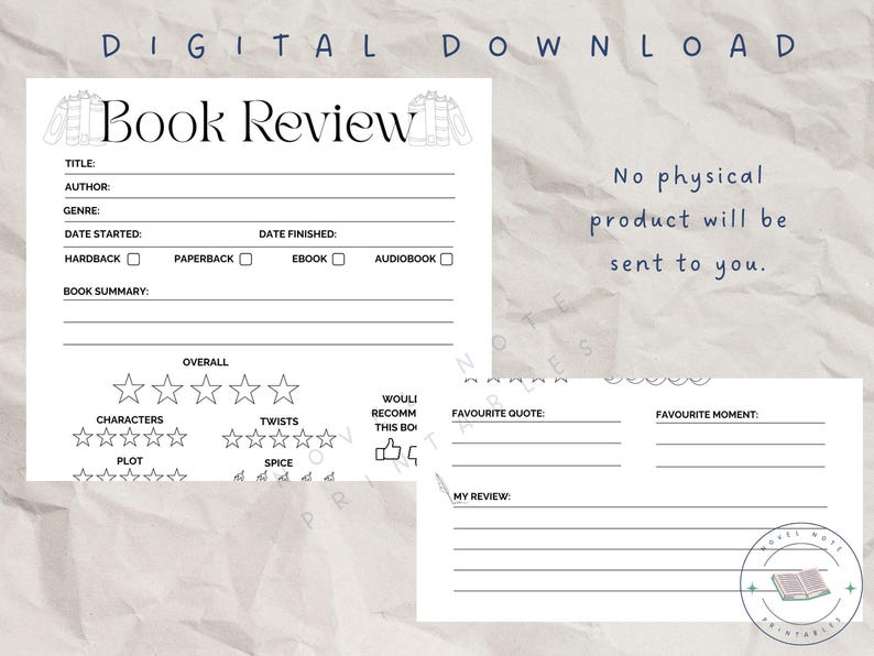 Printable Book Review Template: Reading Journal, Book Club (PDF ...
