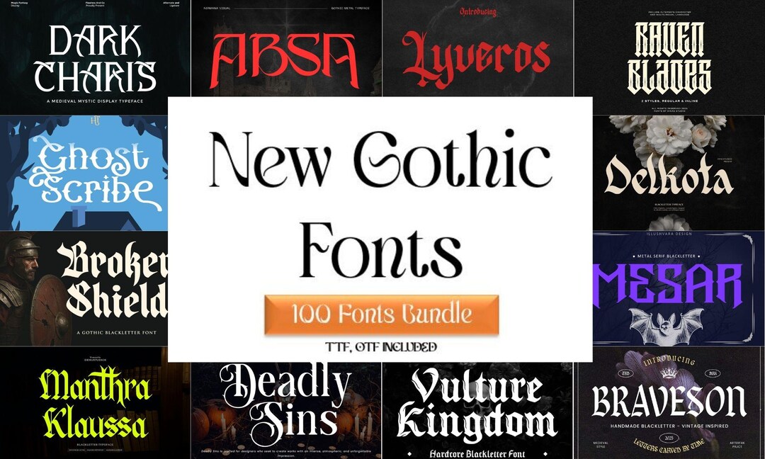 New Gothic Fonts 100 Bundle TTF and OTF File Included Digital Instant ...