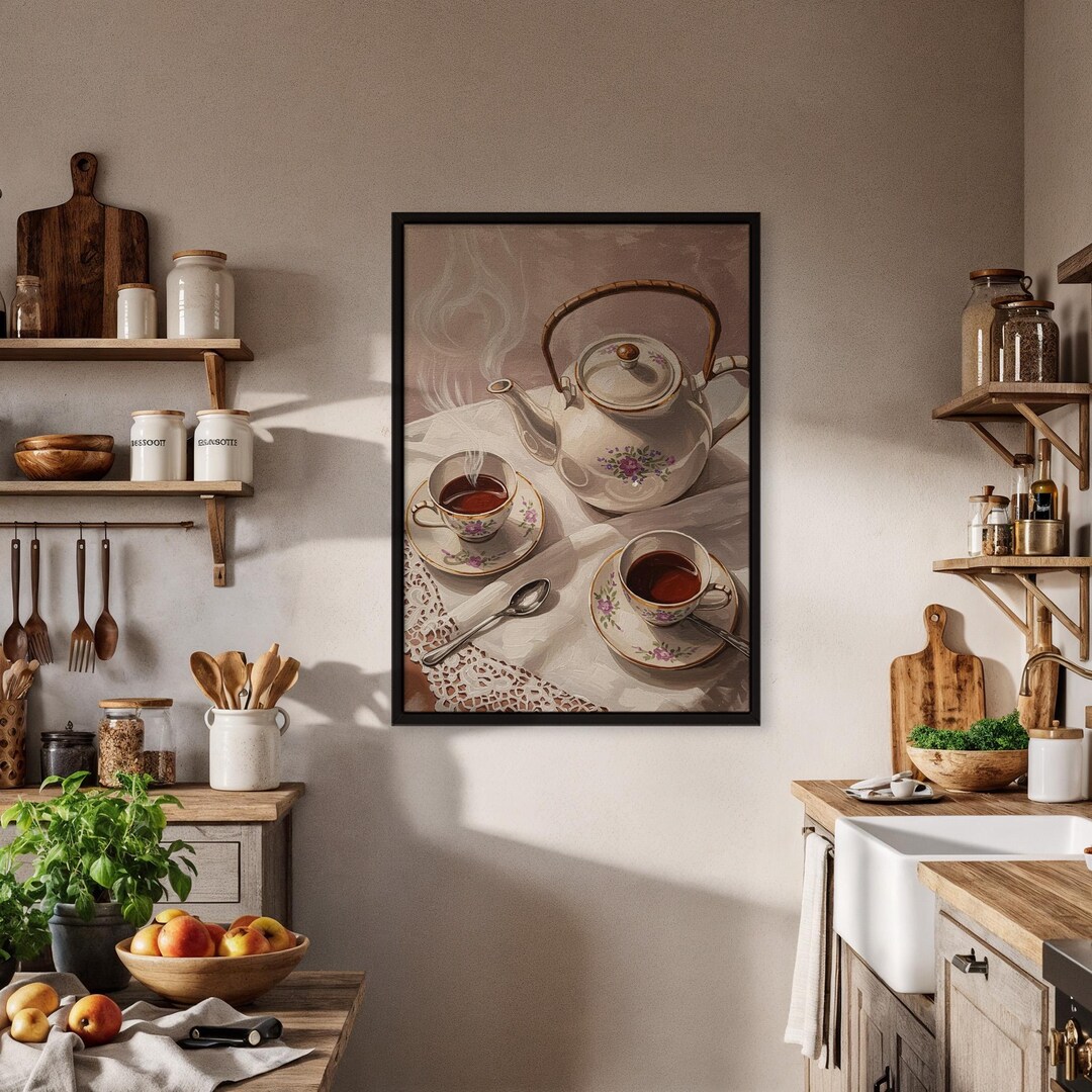 Framed Vintage Tea Set Wall Art, Glossy Fine Art Print, Elegant Kitchen ...